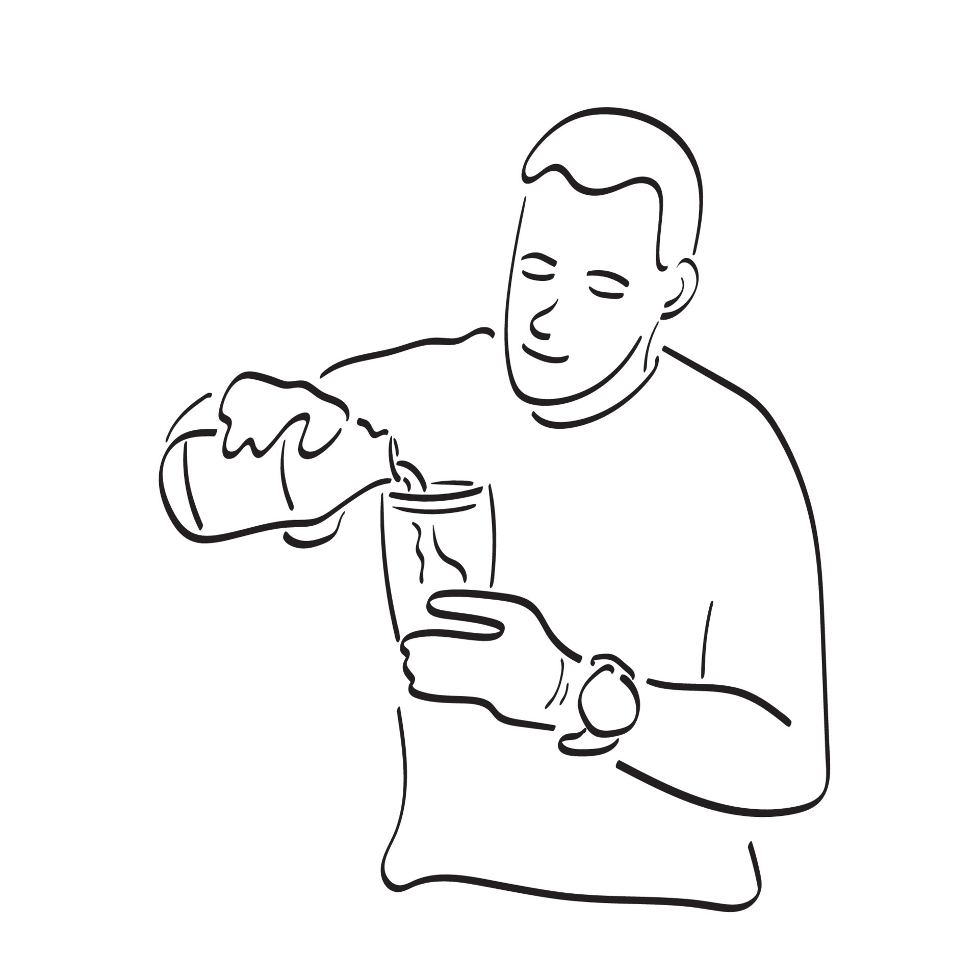 man pouring water in bottle to the glass illustration vector hand drawn isolated on white ...