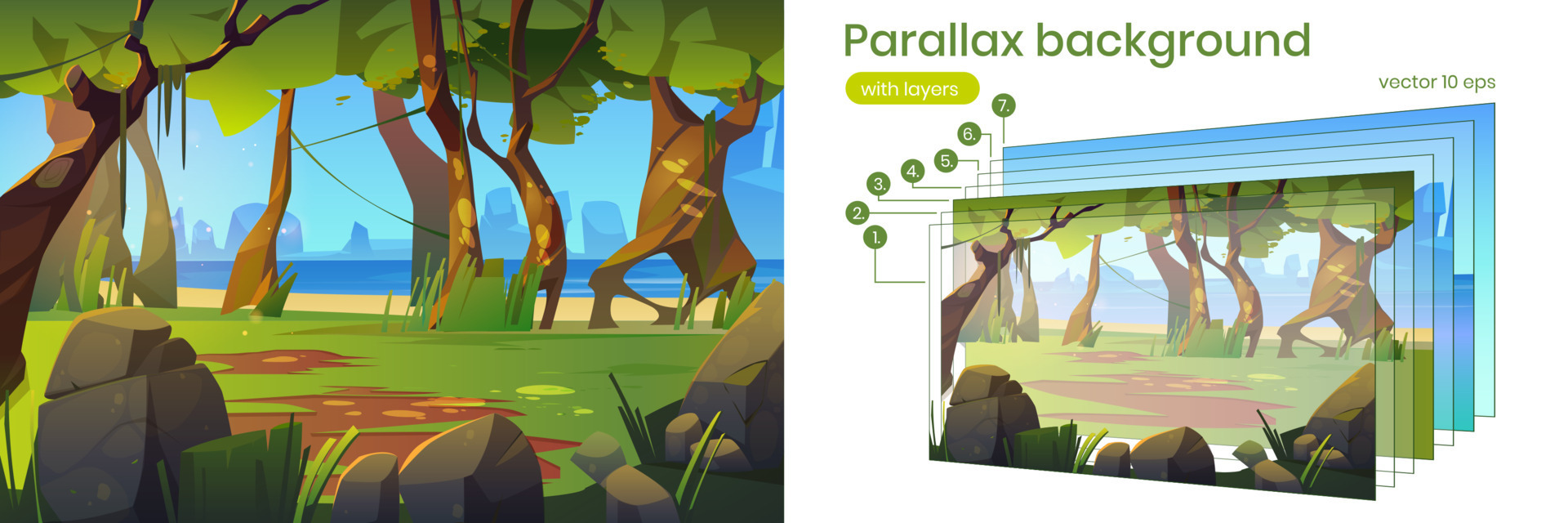 Parallax background with jungle forest and river 14177761 Vector Art at ...