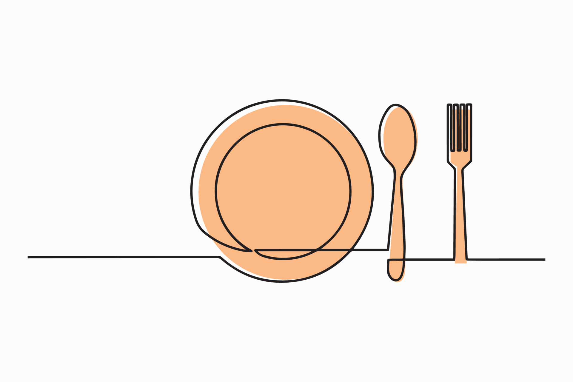 Continuous Line Drawing Of Clean Plate Spoon Fork One Line Art Concept For Restaurant And