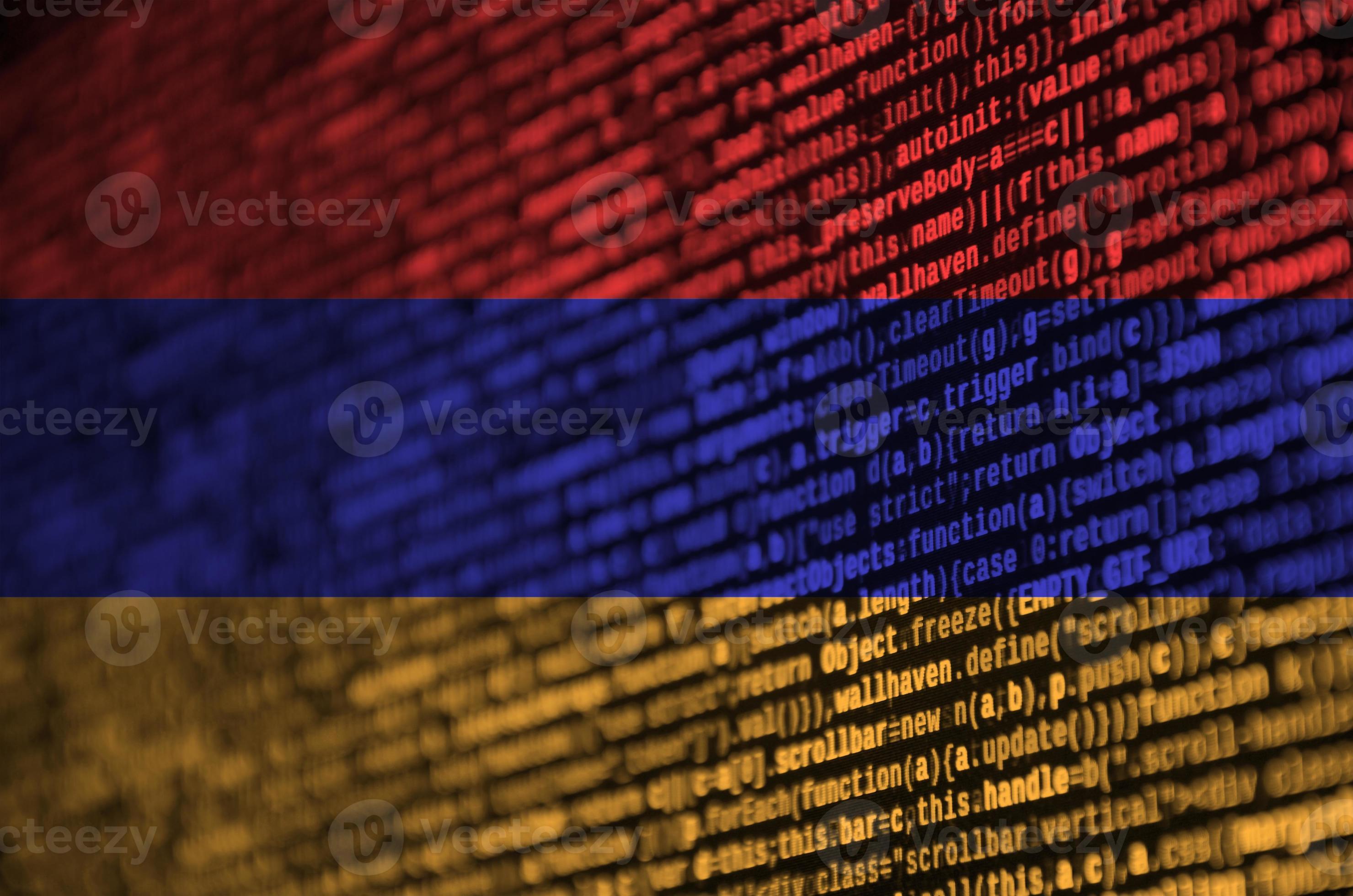 Armenia flag is depicted on the screen with the program code. The concept of modern technology ...