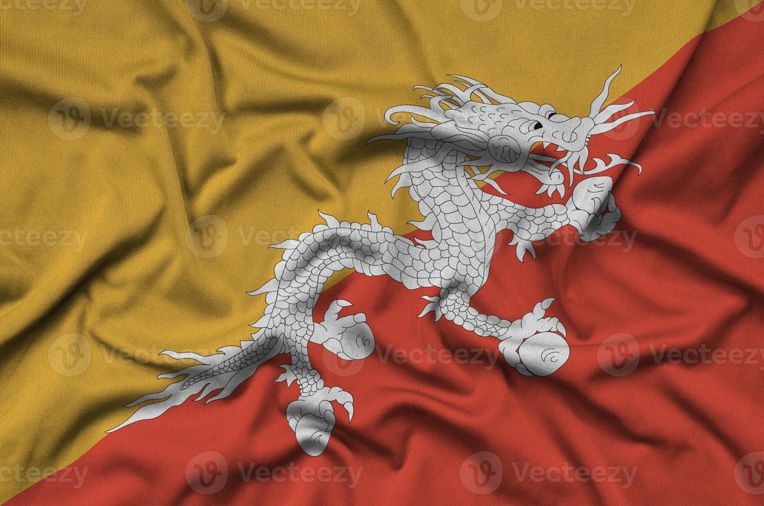 Bhutan flag is depicted on a sports cloth fabric with many folds. Sport ...