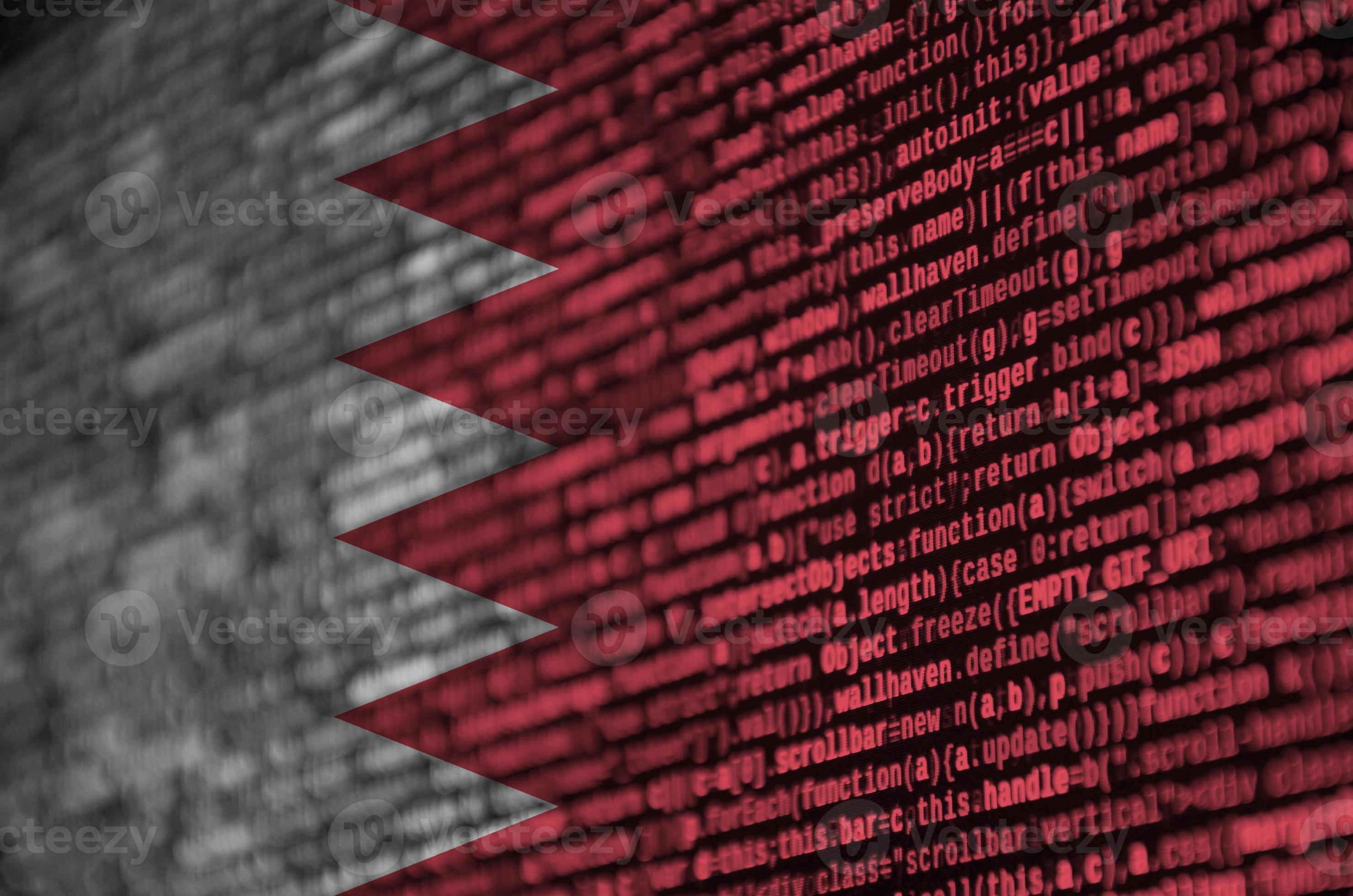 Bahrain flag is depicted on the screen with the program code. The concept of modern technology ...