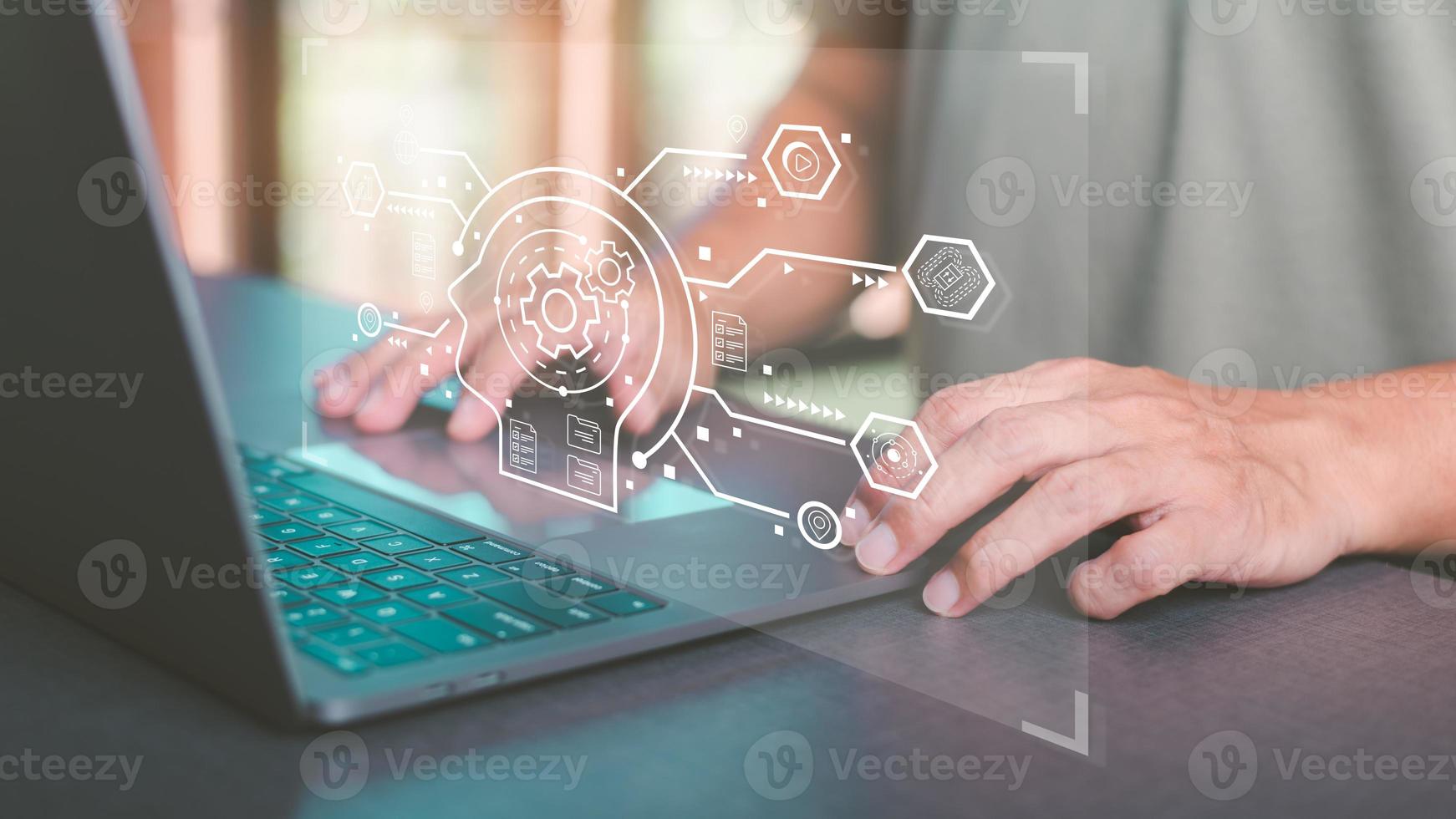 Business people work through laptops, virtual icons representing big ...