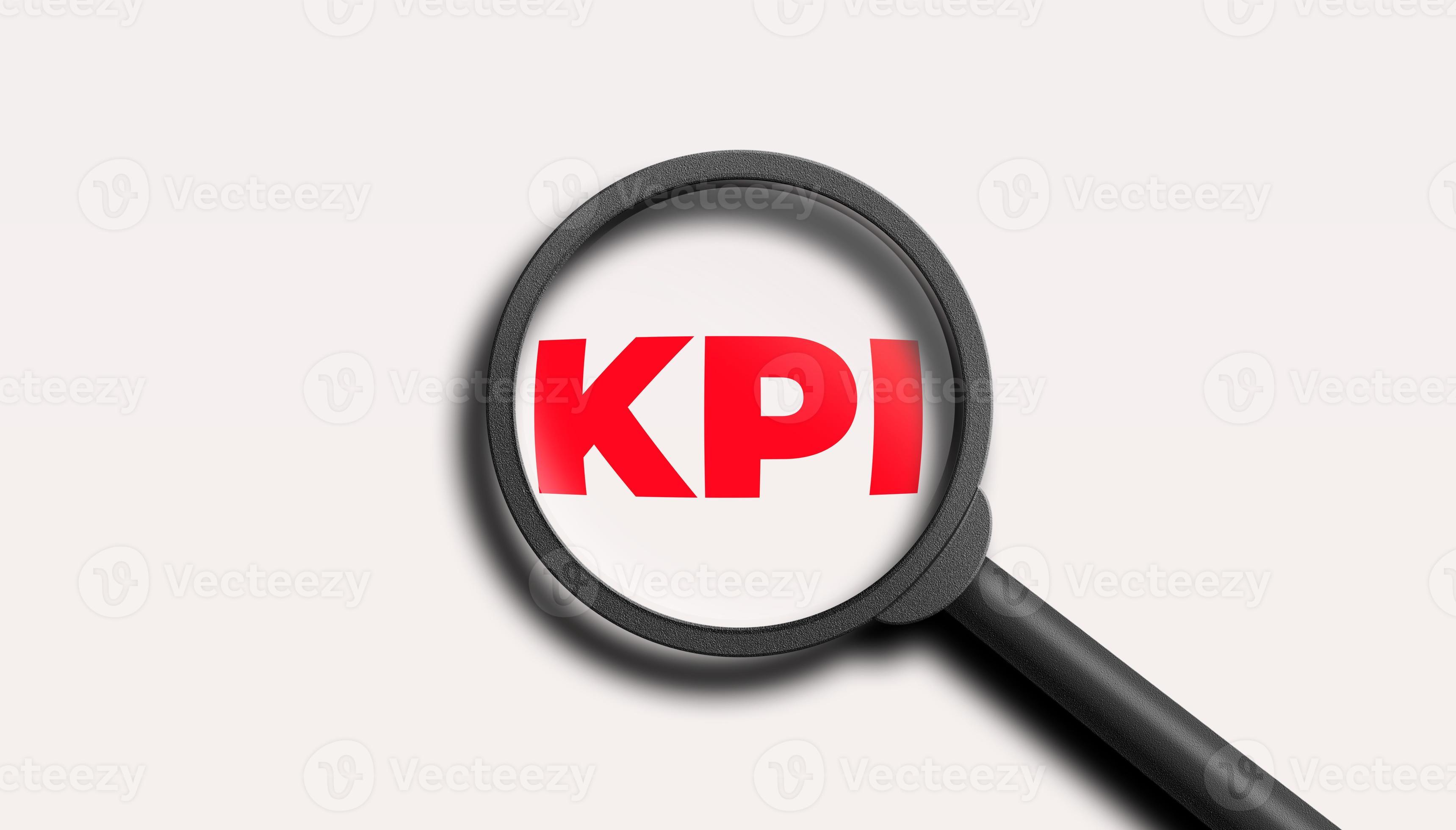 Tipografía de letras de palabras kpi con lupa haciendo zoom en la palabra kpi sobre fondo blanco ...