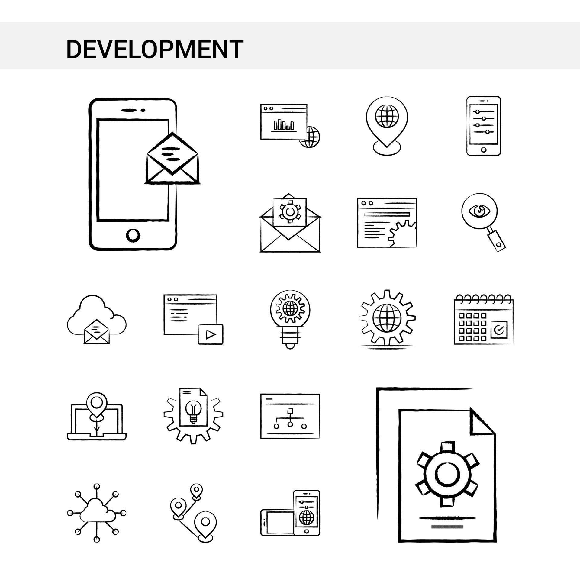 Development hand drawn Icon set style isolated on white background ...