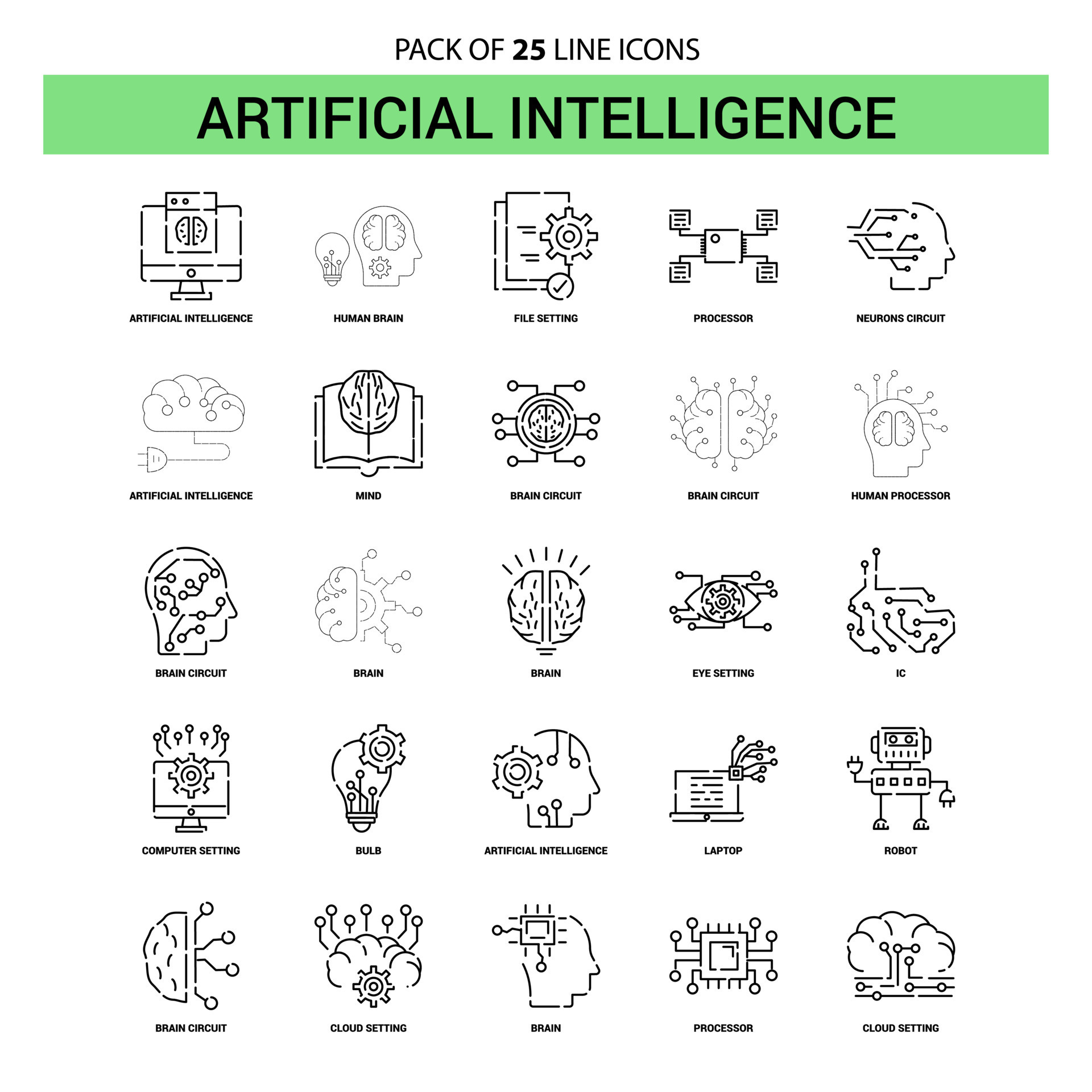 Artificial Intelligence Line Icon Set 25 Dashed Outline Style 14212337 Vector Art at Vecteezy