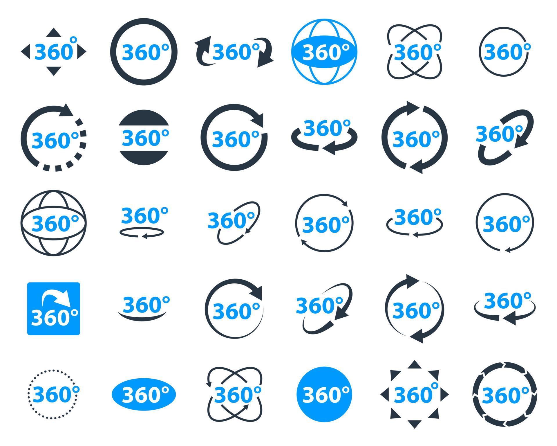 360 degrees icon set. Rotate arrow, VR reality panoramic symbol. Wide ... 360 degrees icon set. Rotate arrow, VR reality panoramic symbol. Wide ...