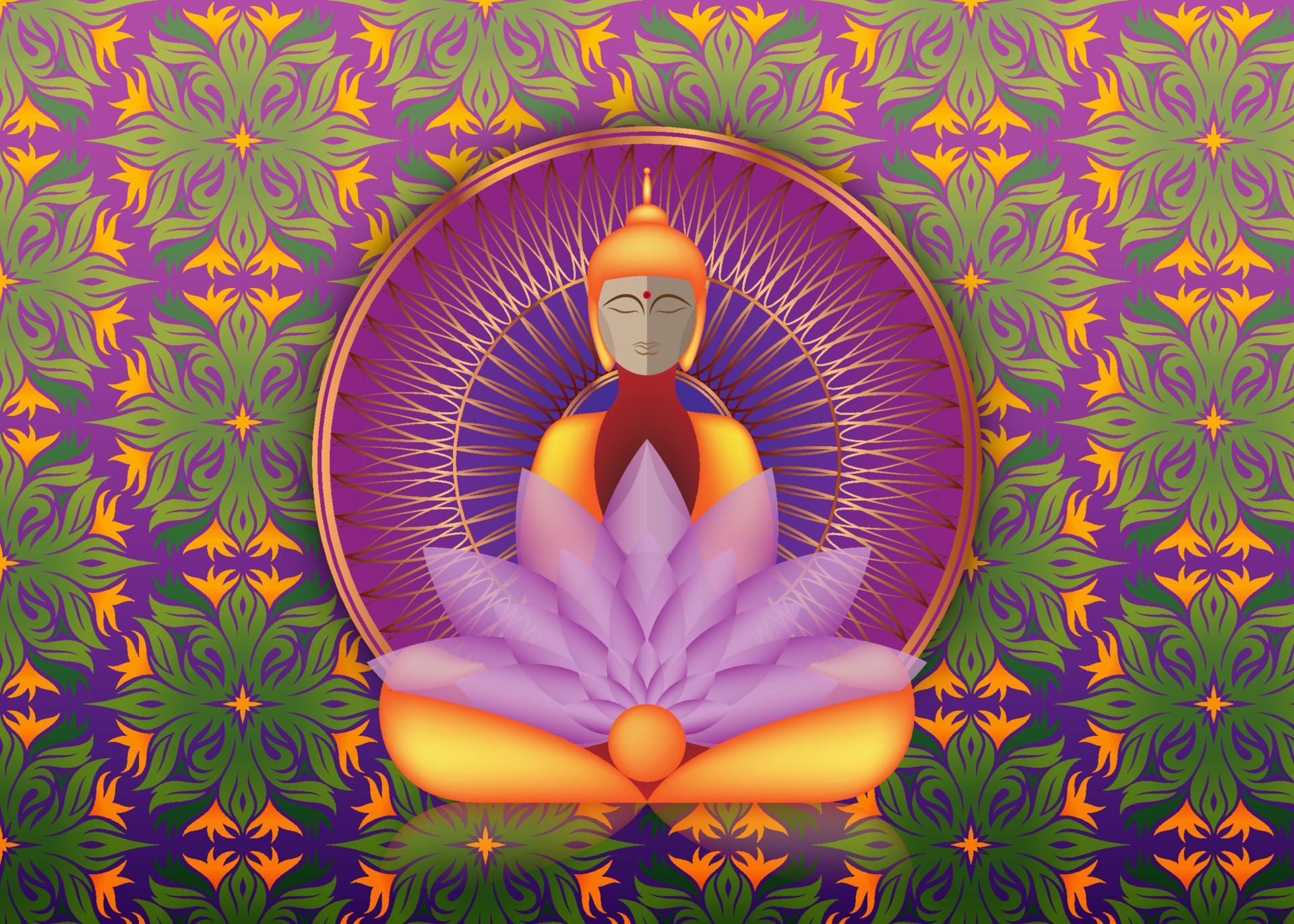 Buddha sitting in meditation over Golden Mandala, esoteric purple lotus vector illustration ...
