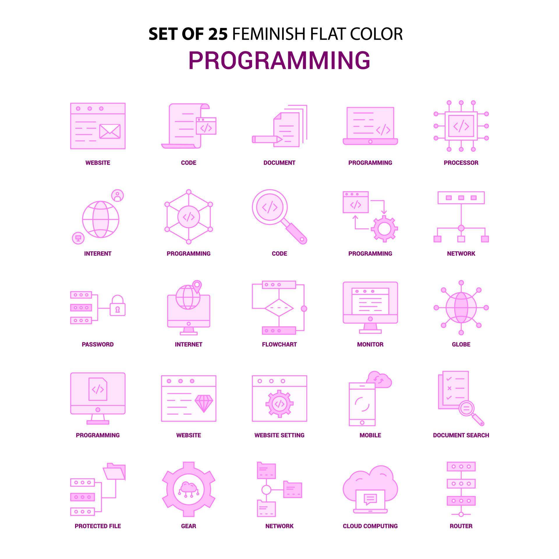 Set of 25 Feminish Programming Flat Color Pink Icon set 14219317 Vector Art at Vecteezy