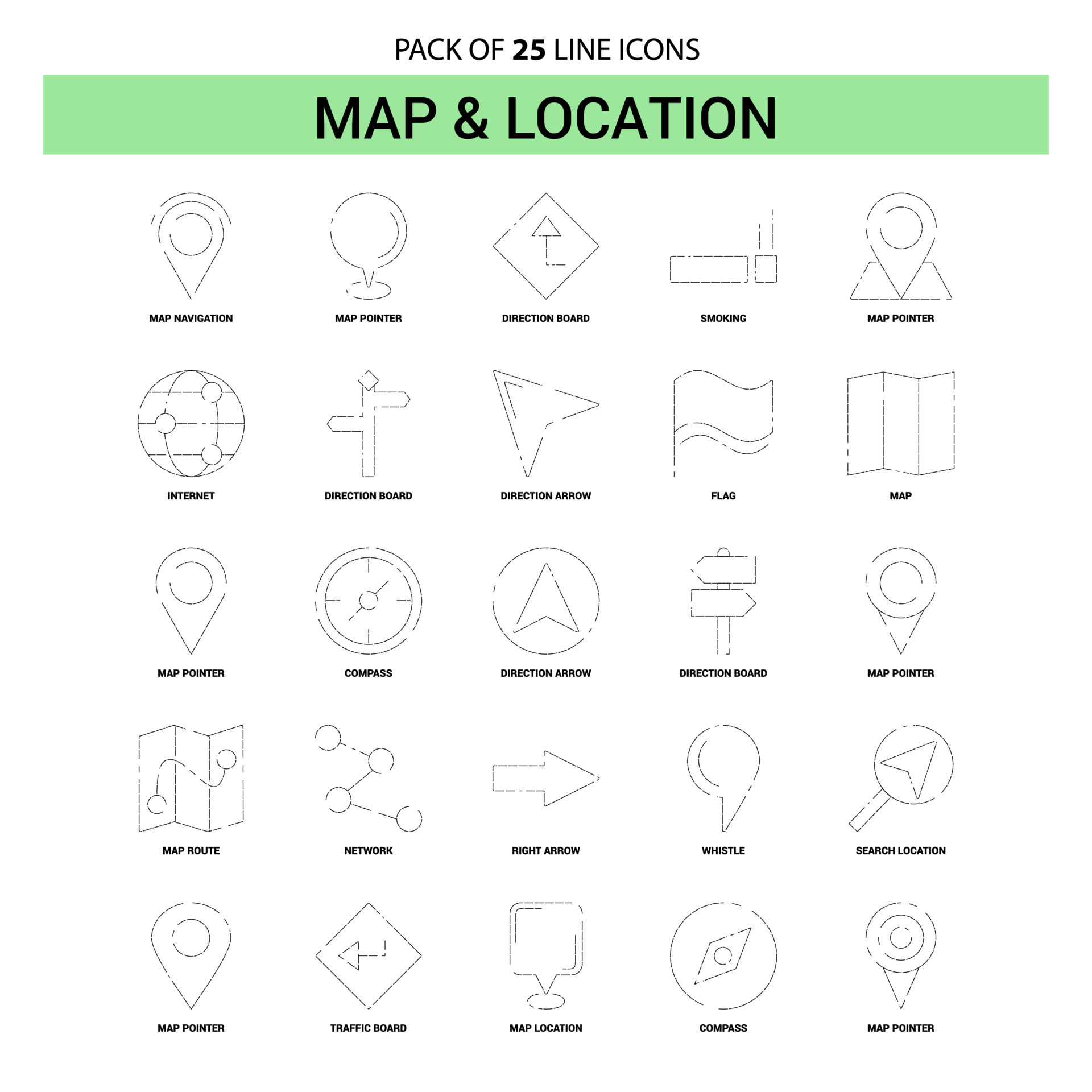 Map And Location Line Icon Set 25 Dashed Outline Style 14238213 Vector