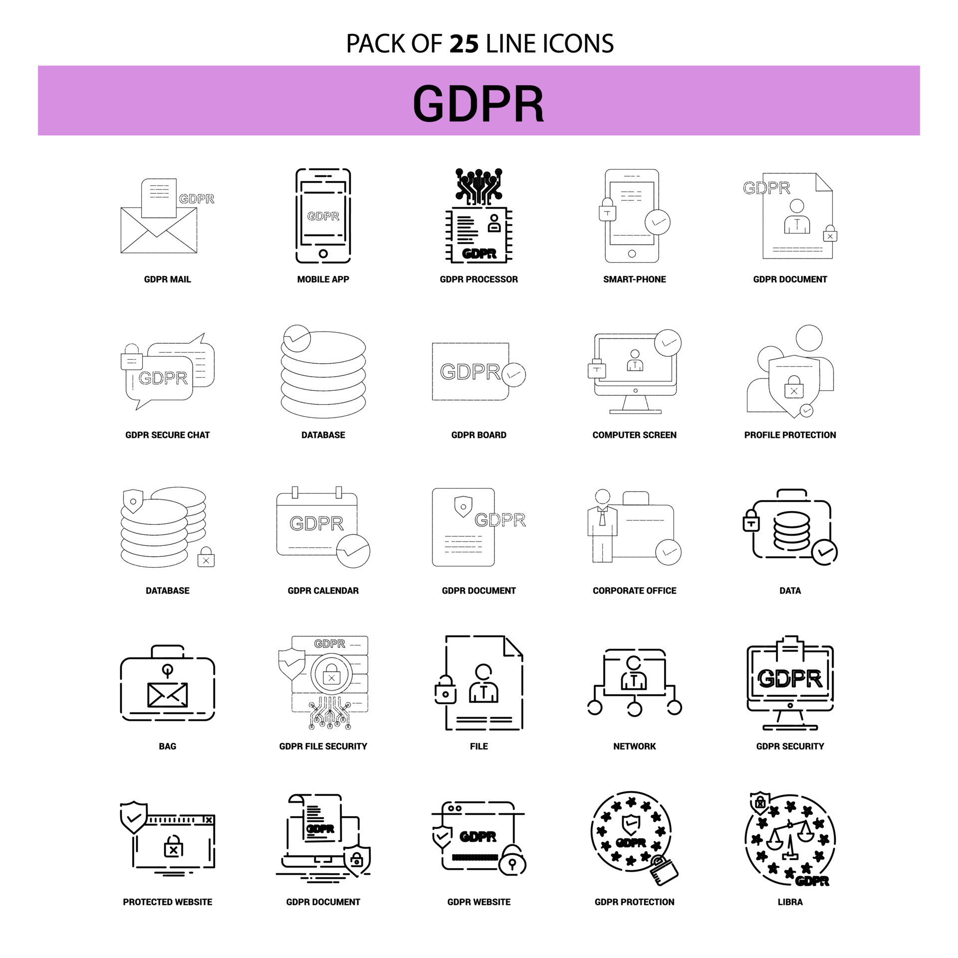 Gdpr Line Icon Set 25 Dashed Outline Style 14239417 Vector Art At Vecteezy