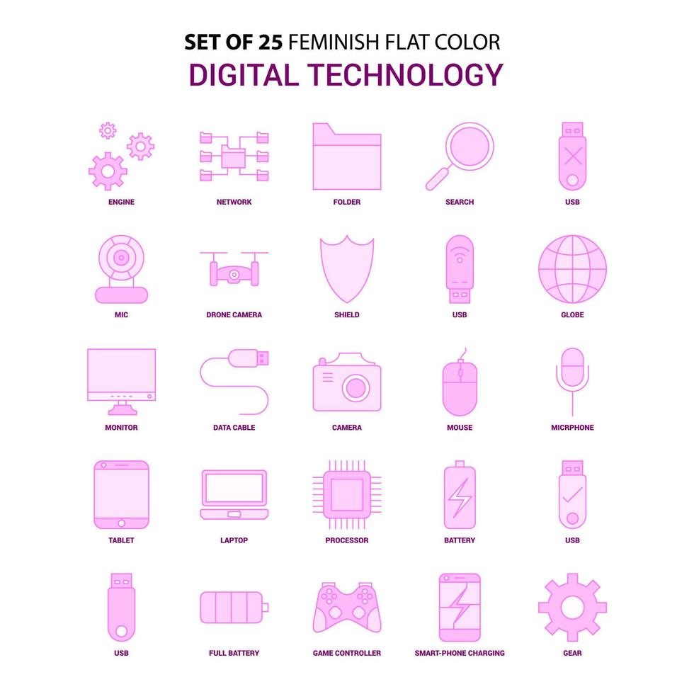 Set of 25 Feminish Digital Technology Flat Color Pink Icon set 14239918 ... Set of 25 Feminish Digital Technology Flat Color Pink Icon set 14239918 ...