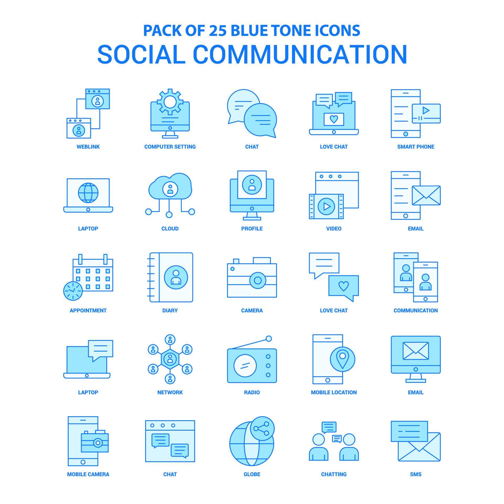 Social Communication Blue Tone Icon Pack 25 Icon Sets 14239994 Vector ...