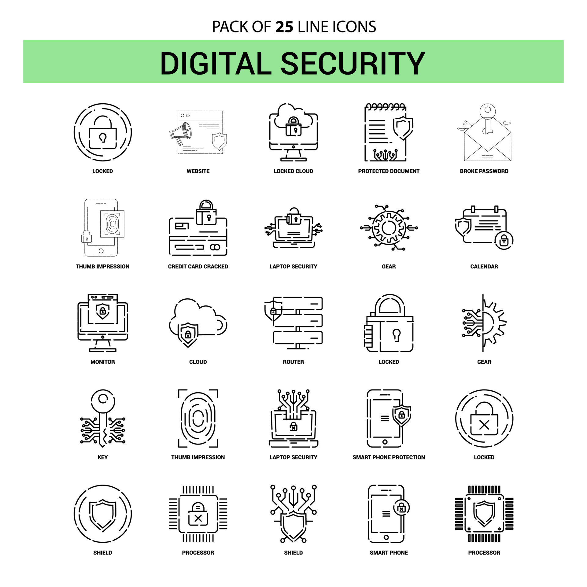 Digital Security Line Icon Set 25 Dashed Outline Style 14243008 Vector