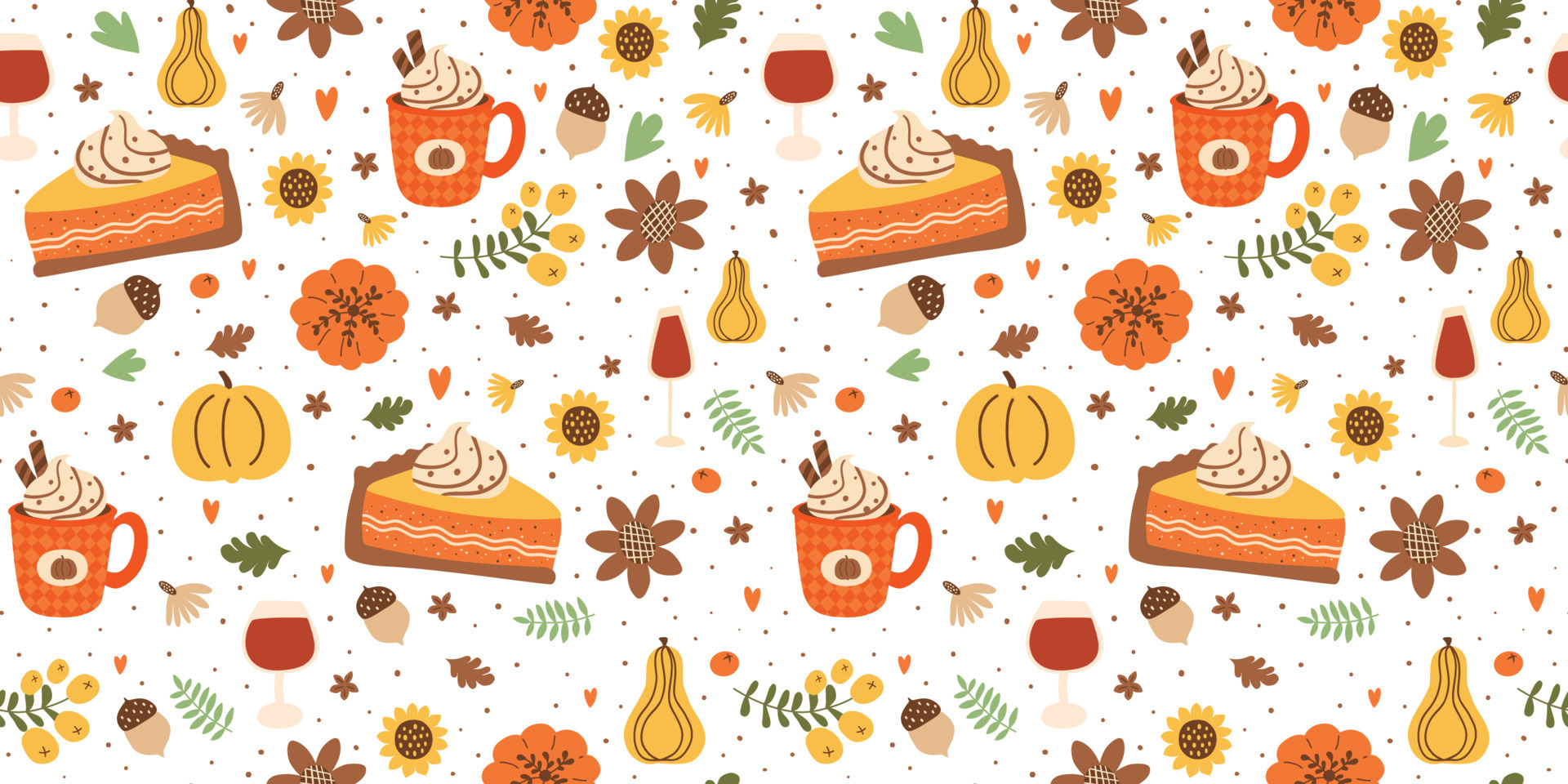 Autumn pumpkin pie slice and pumpkin spice latte seamless pattern ...