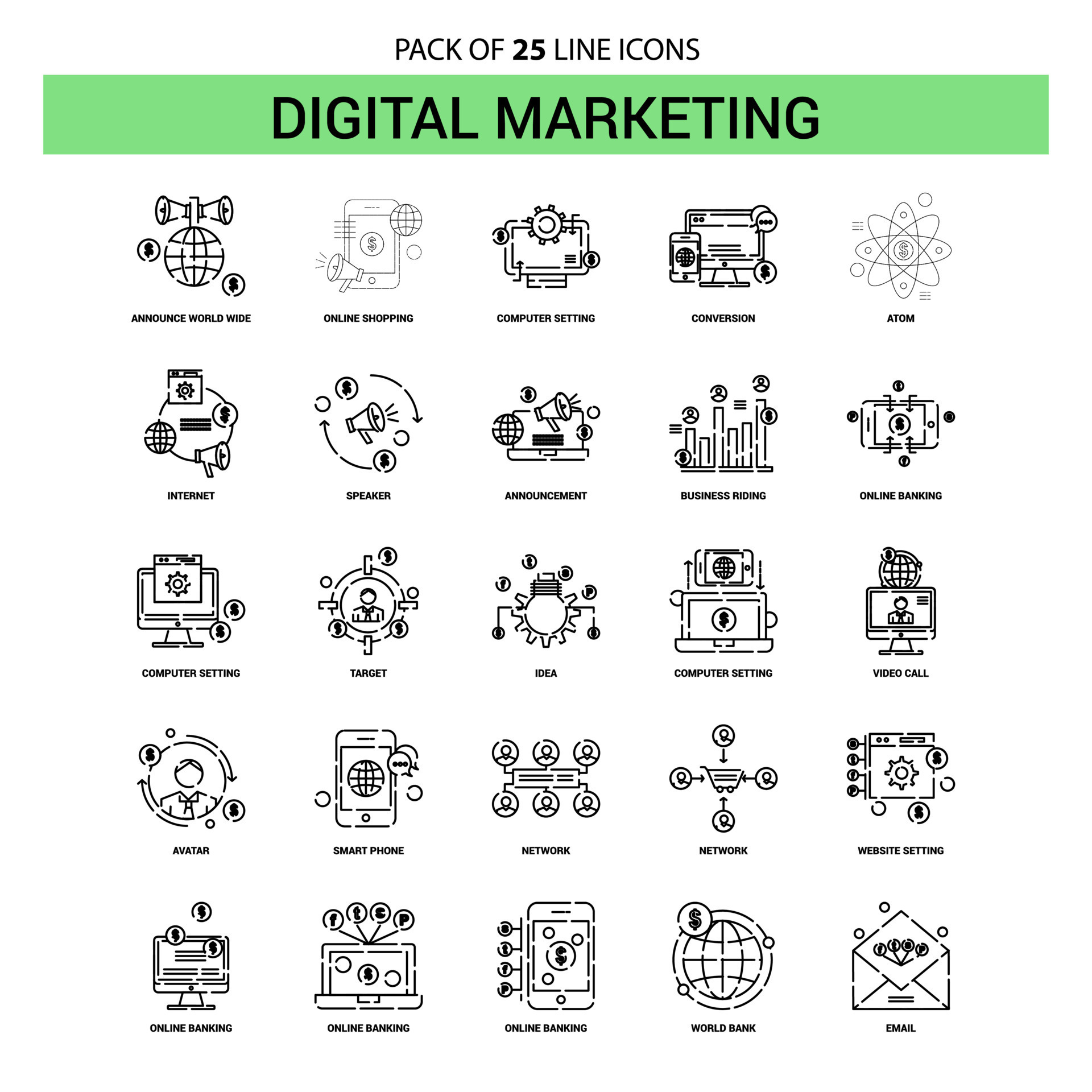 Digital Marketing Line Icon Set 25 Dashed Outline Style 14245882 Vector ...