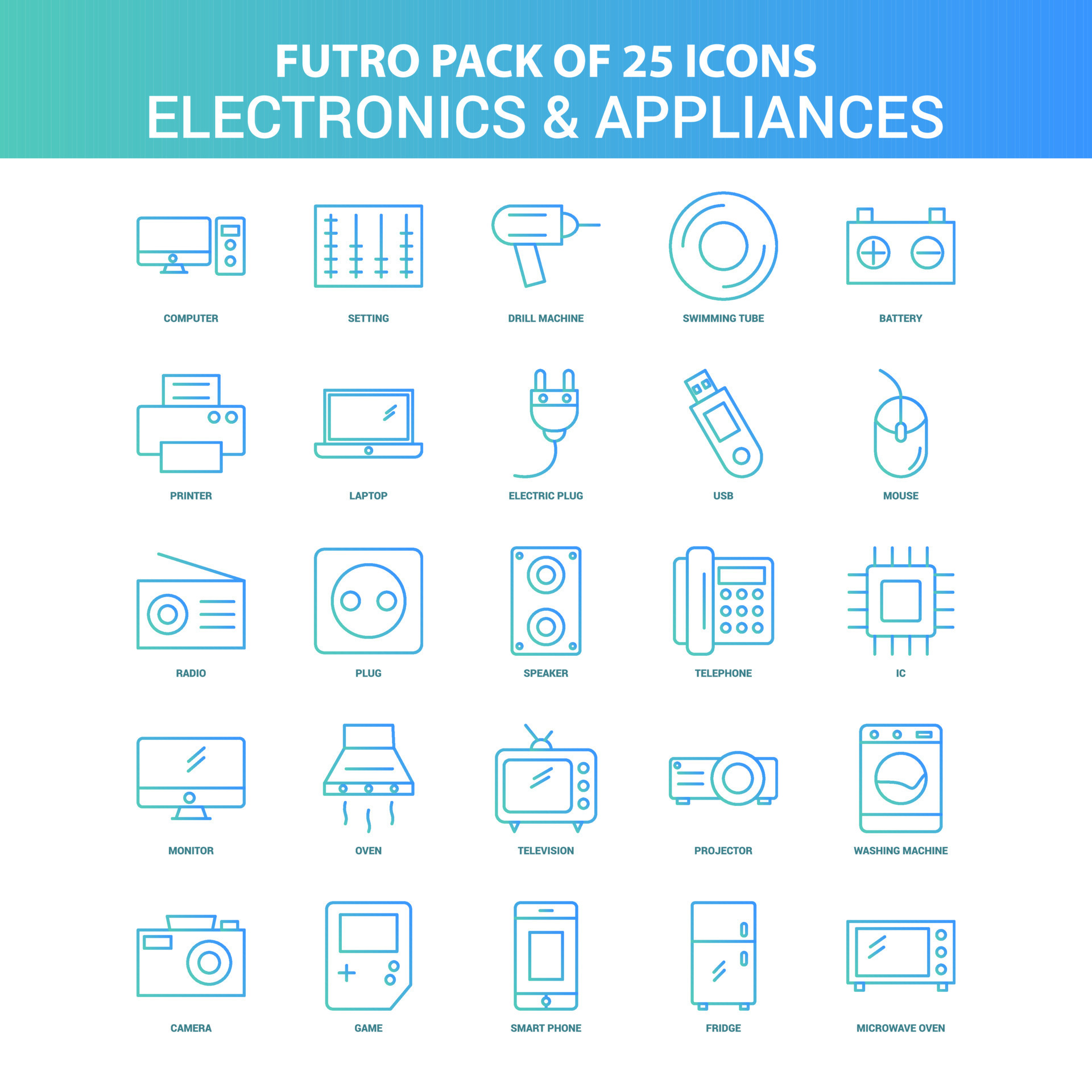 25 Green and Blue Futuro Electronics and Appliances Icon Pack 14246075 ...