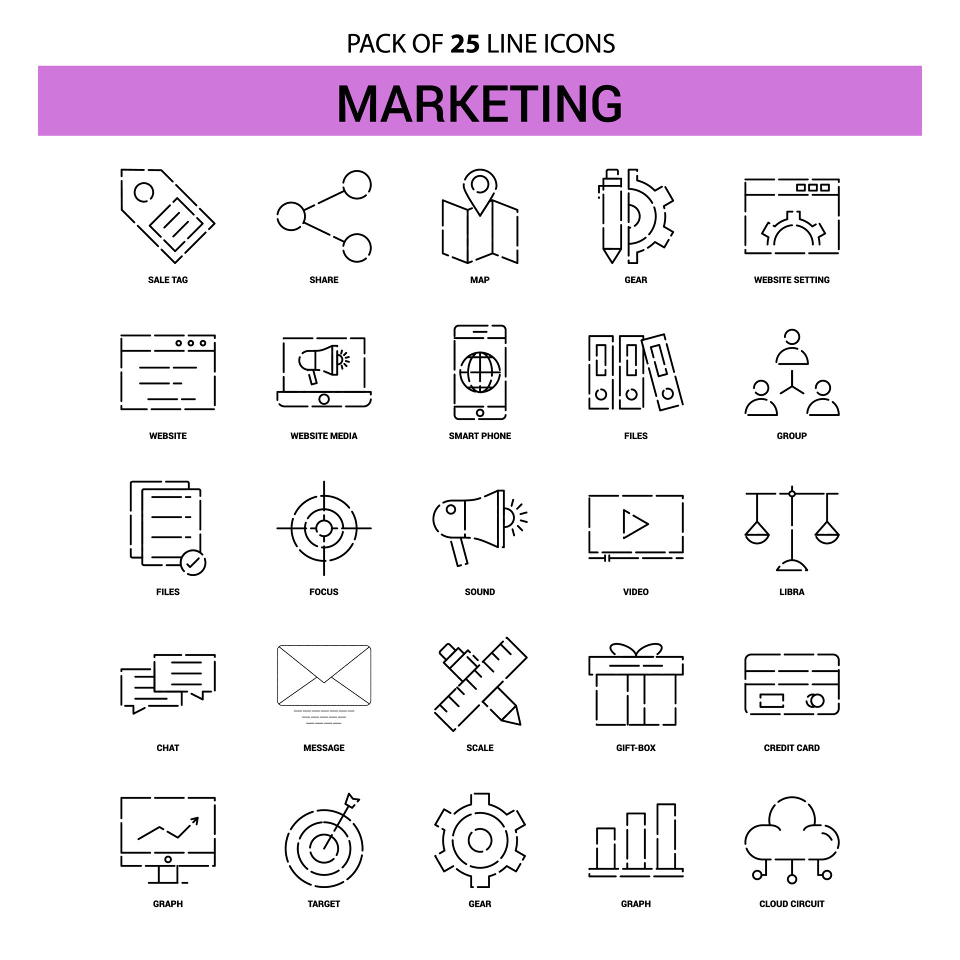 Marketing Line Icon Set 25 Dashed Outline Style 14247952 Vector Art At