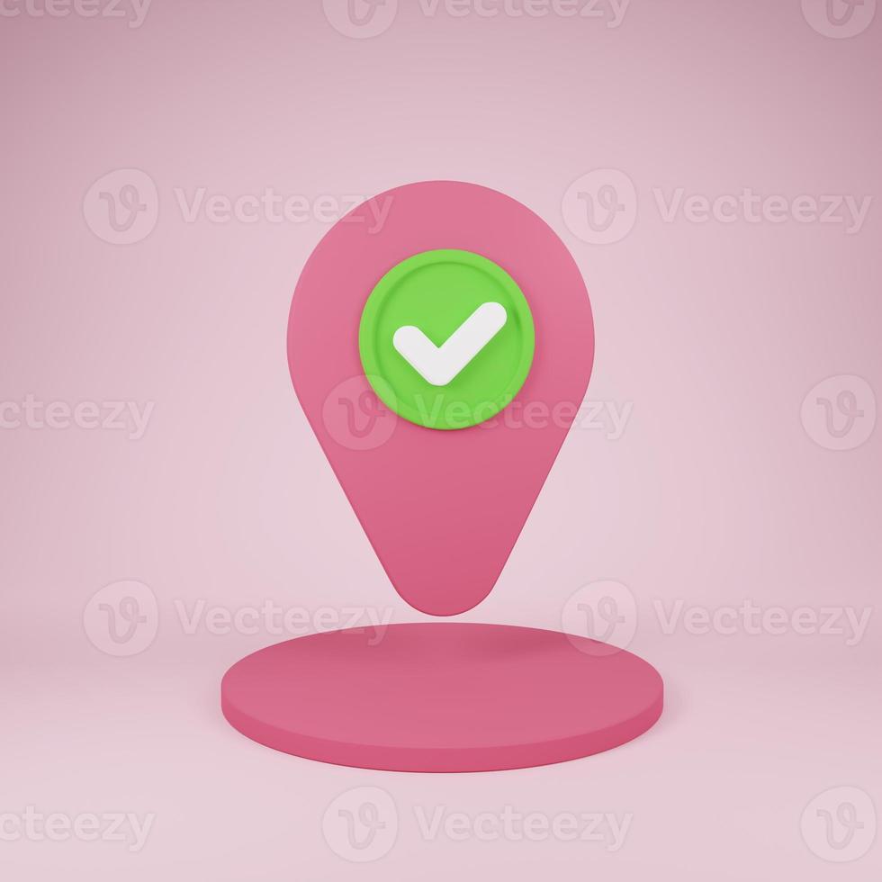 3d rendering illustration Cartoon minimal Checkmark icon. Approvement concept. Geolocation map ...