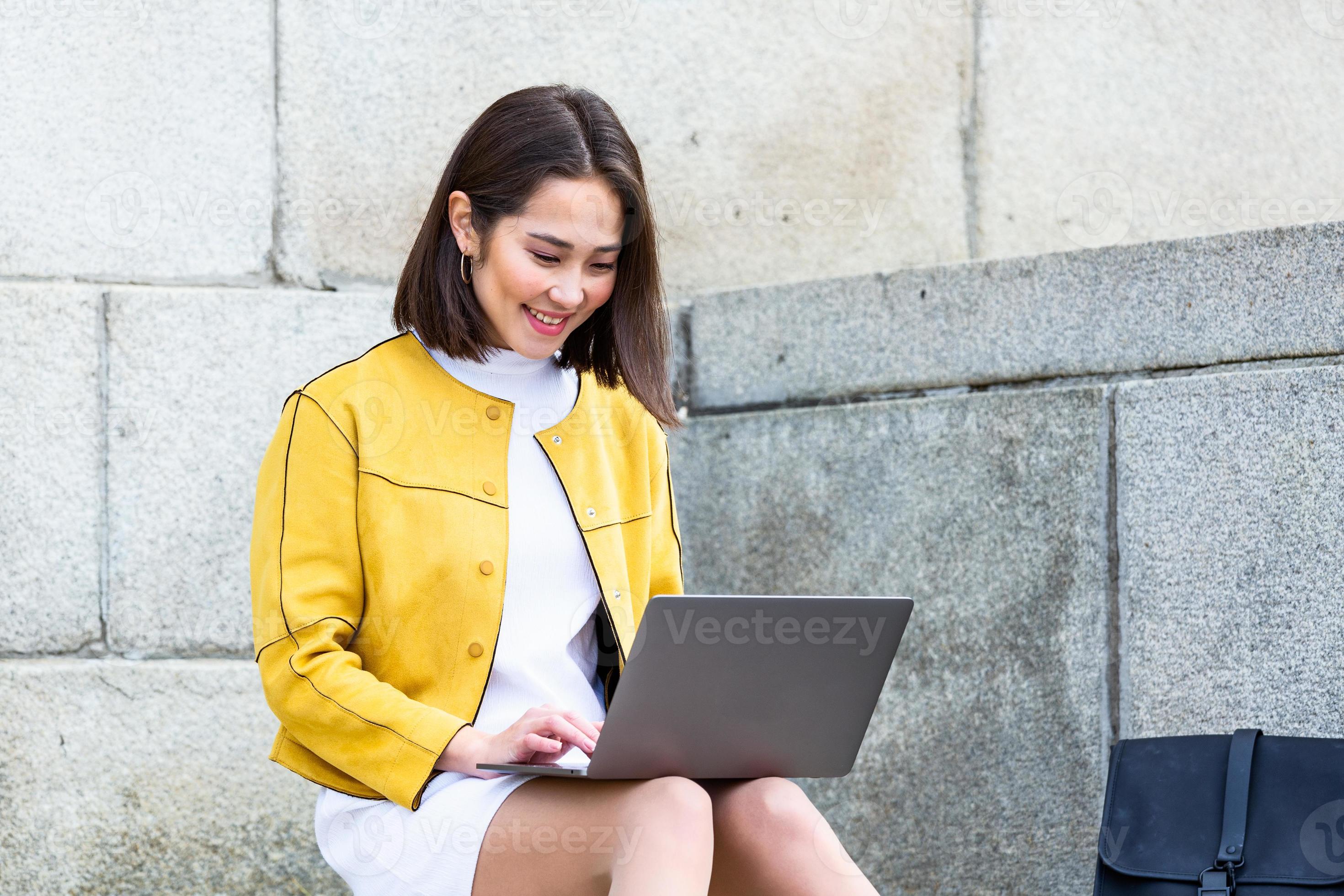 Beautiful Asian Woman Using Laptop Computer Smiling Asian Girl Sitting