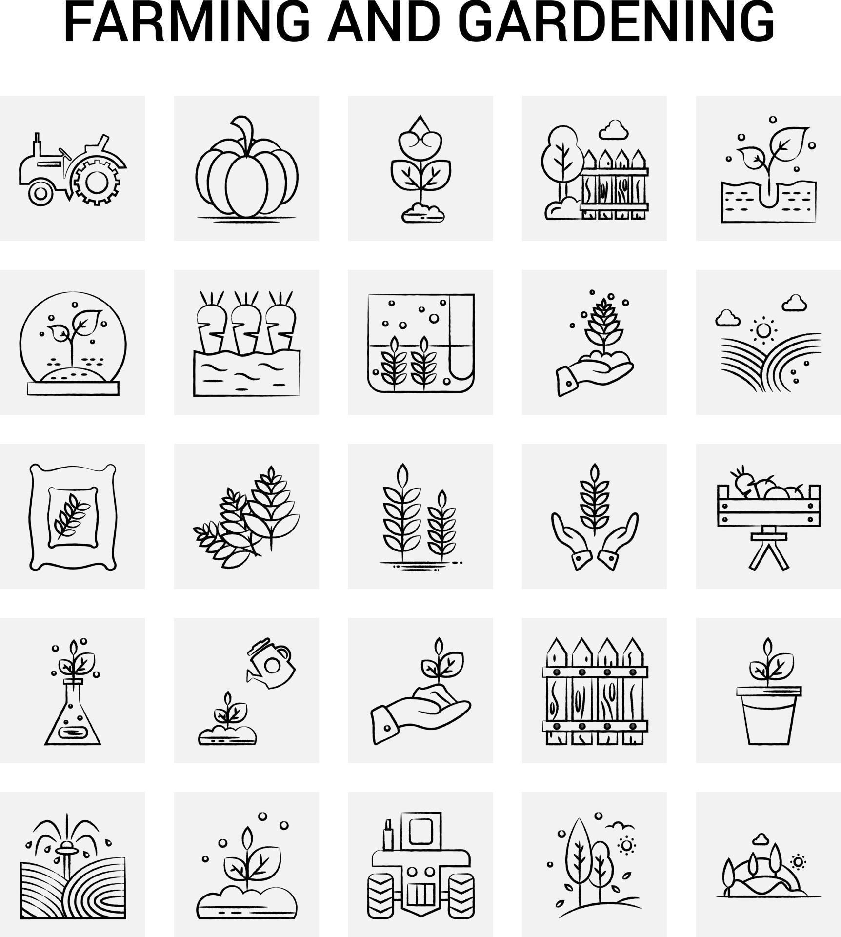 25 Hand Drawn Farming and Gardening icon set Gray Background Vector Doodle 14266671 Vector Art ...