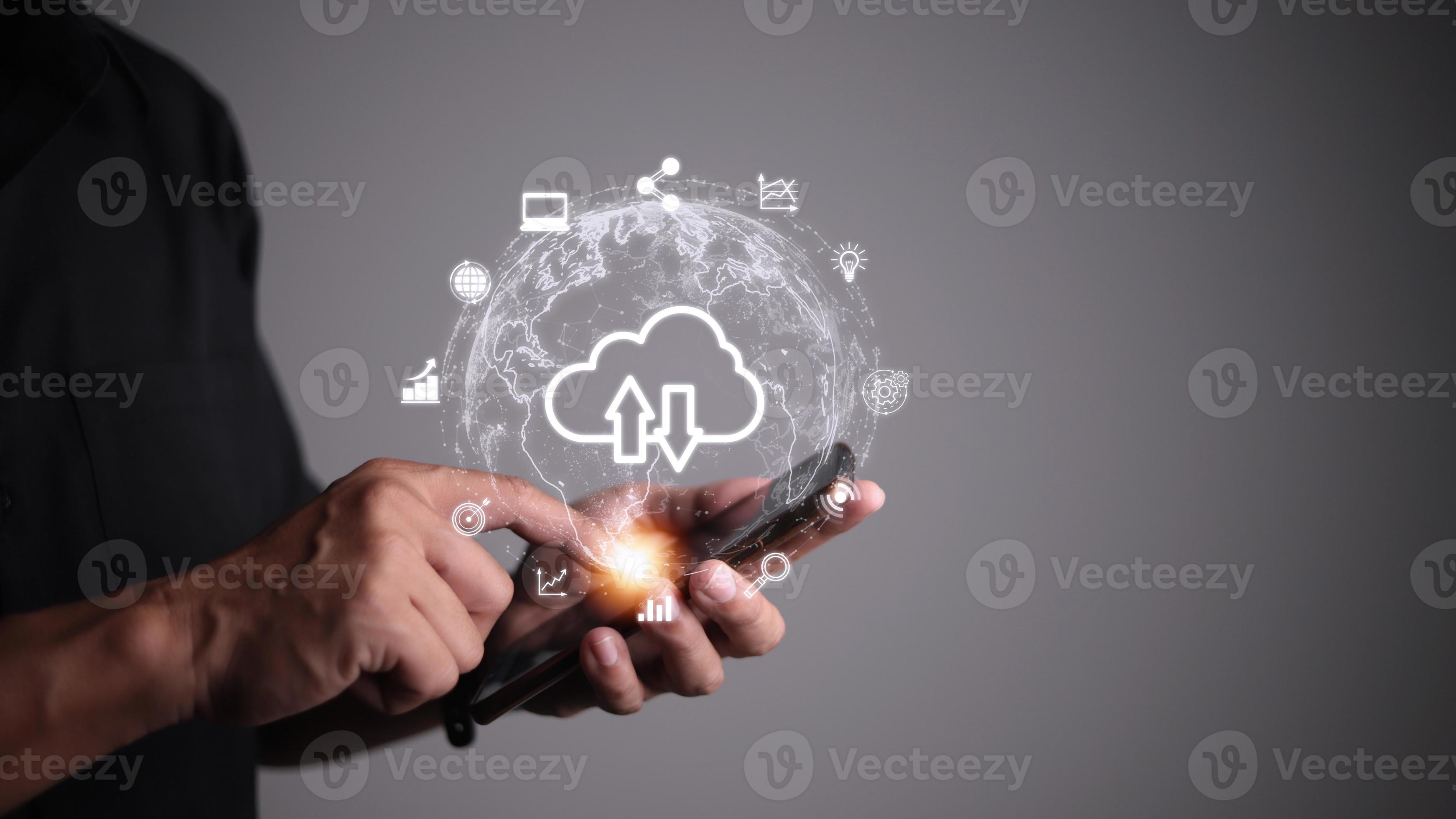 Hand Holding Virtual Cloud Computing With World And Technology Item Such As Upload Download