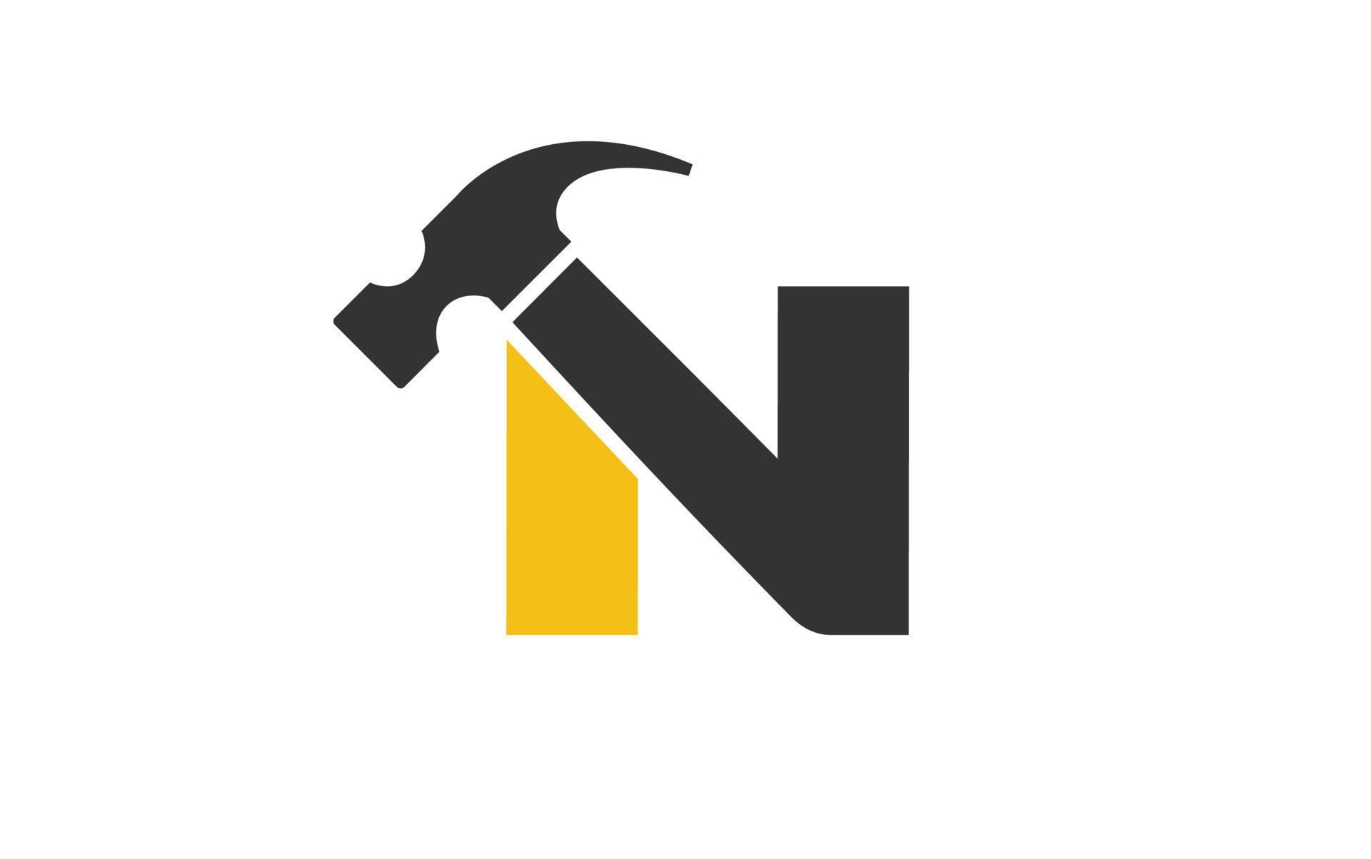 N logo construction vector for woodworking company. initial letter hammer template vector ...