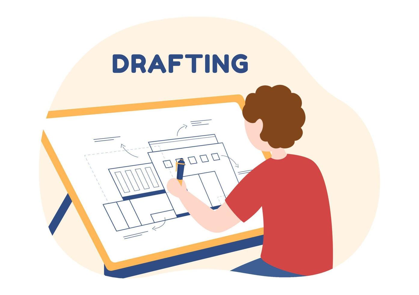 Drafting Engineer Or Architect Working On Drawing Board Projecting And Draft In Flat Cartoon