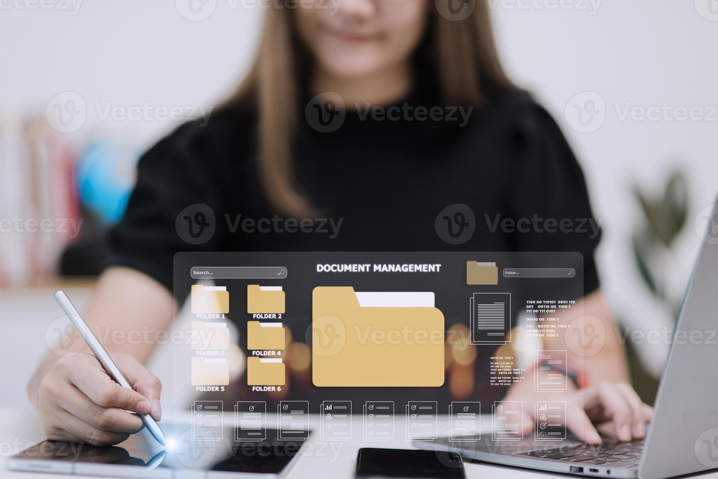 Document management concept. Virtual screen icons Document Management System DMS Online document ...