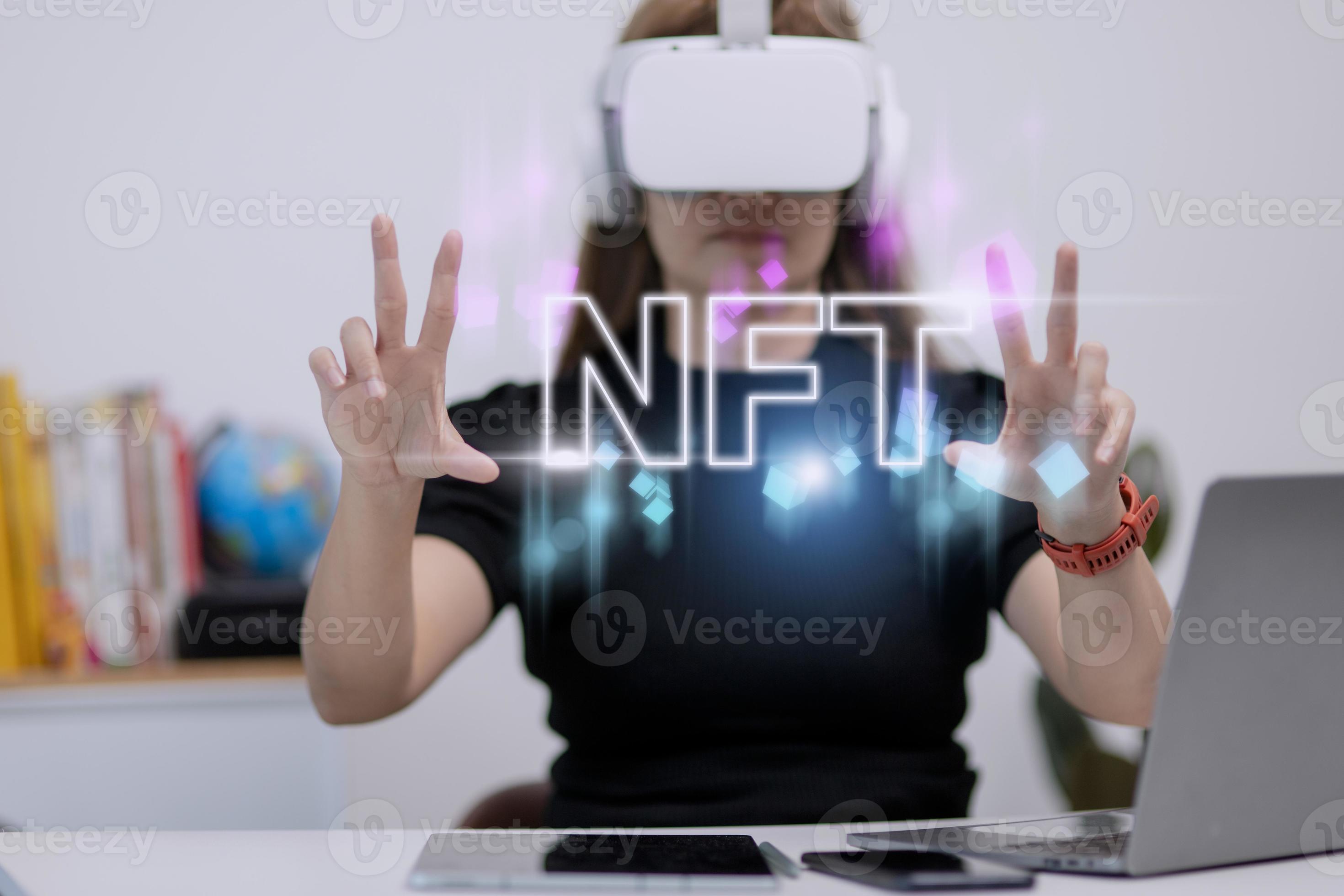 businessman finger touch virtual screen, NFT token digital crypto art blockchain technology ...
