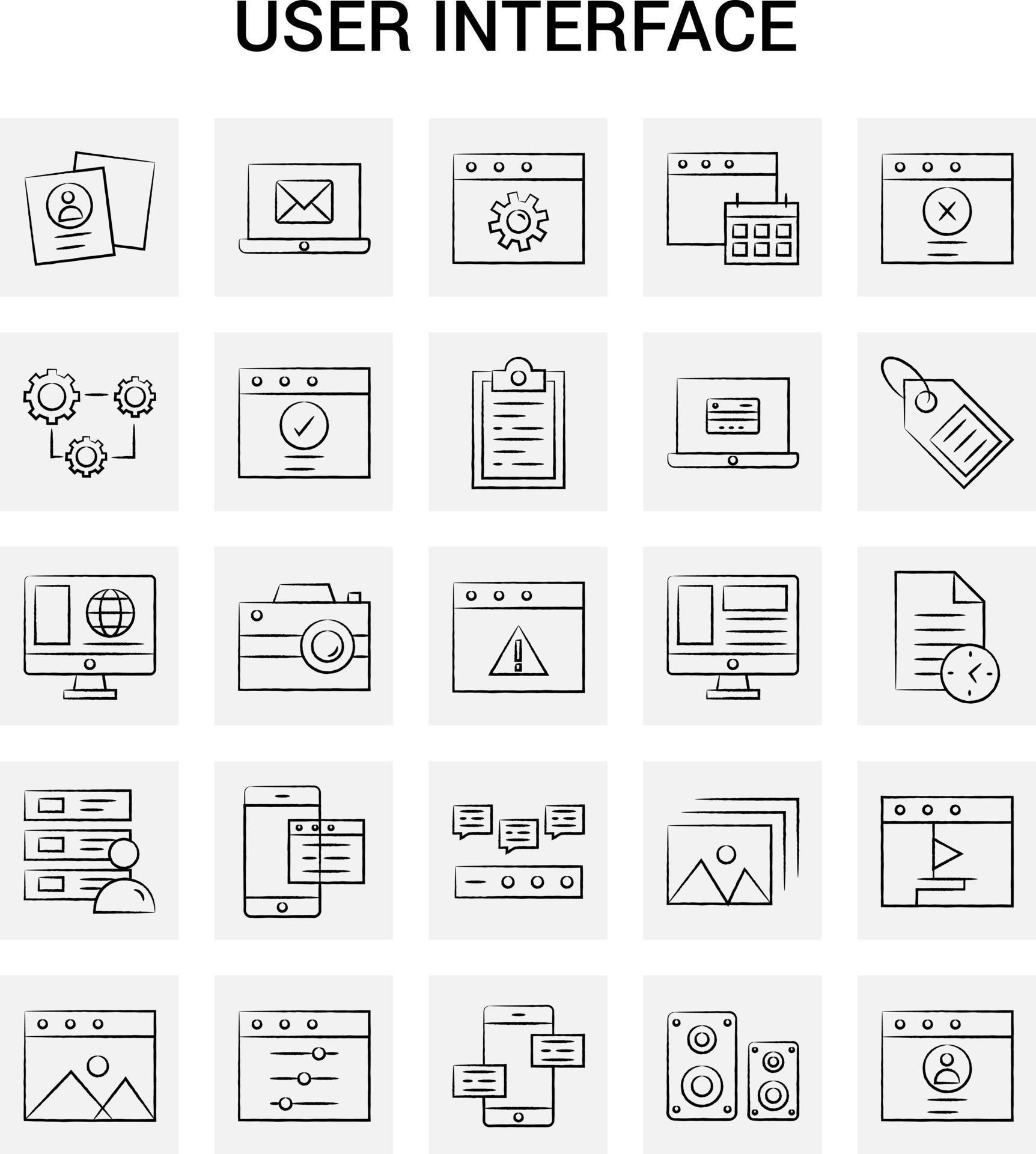 25 Hand Drawn User Interface icon set Gray Background Vector Doodle ...