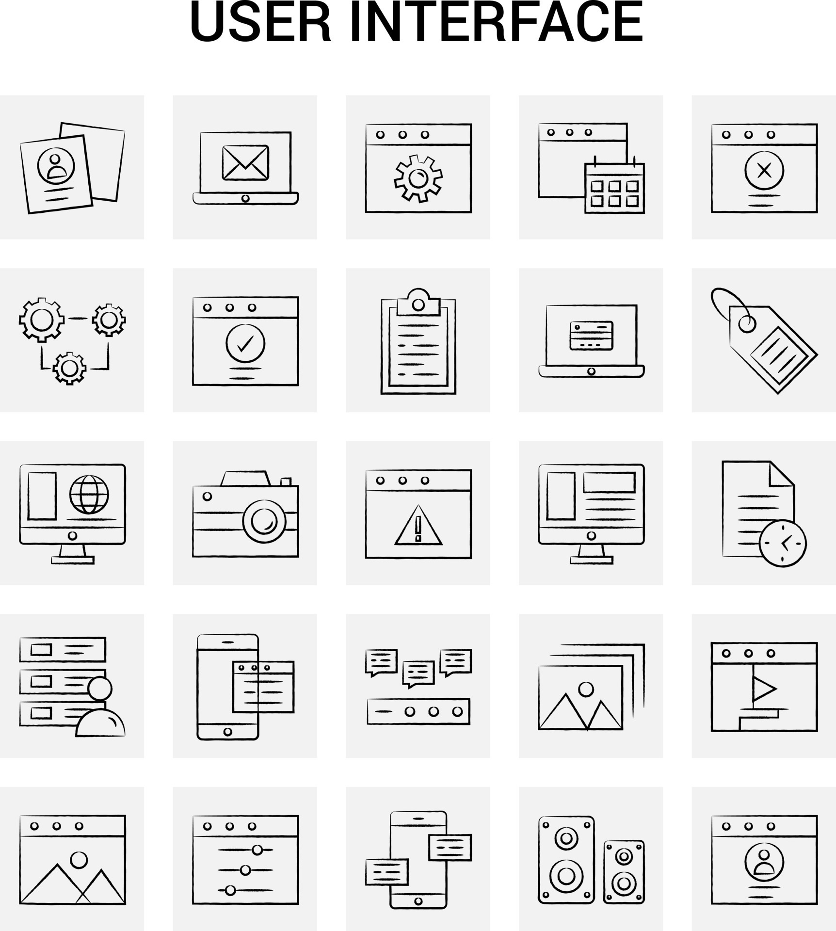 25 Hand Drawn User Interface icon set Gray Background Vector Doodle ...