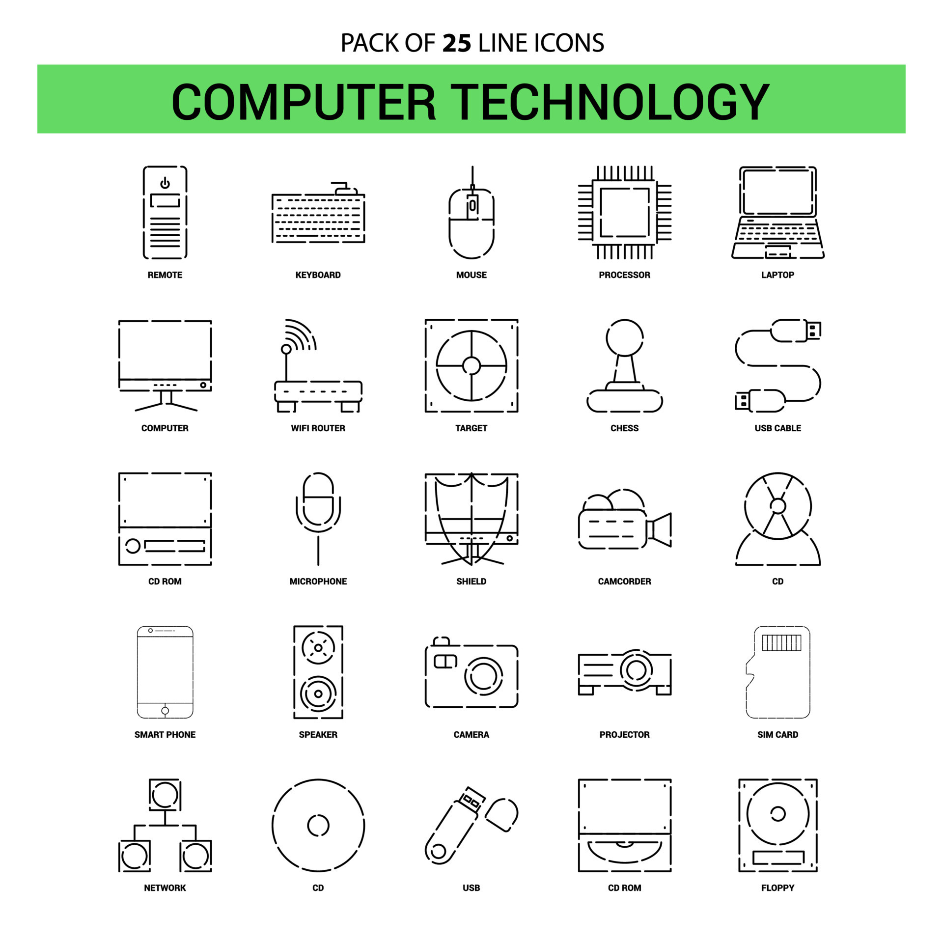 Computer Technology Line Icon Set 25 Dashed Outline Style 14288615