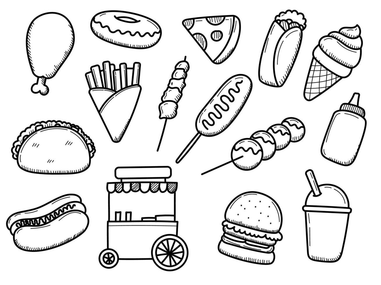 Set Of Street Foods Doodle Illustration Isolated On White Background