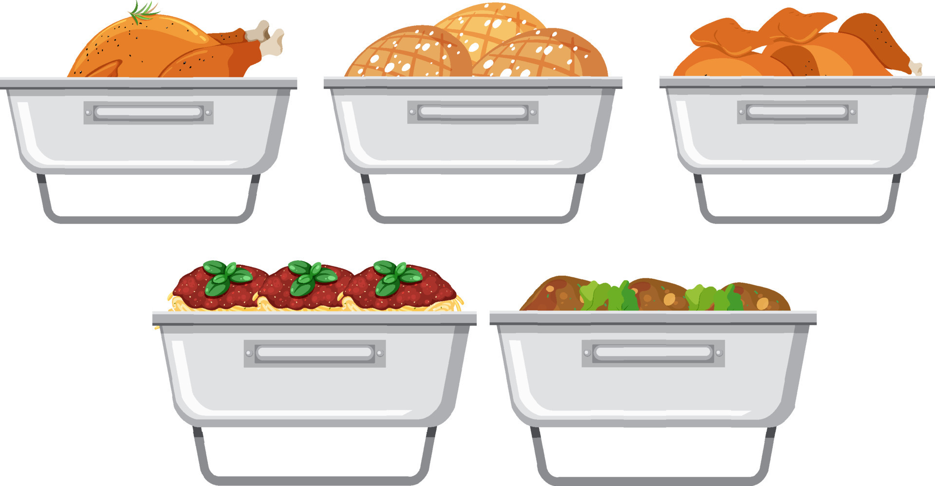 Buffet trays with foods set 14291665 Vector Art at Vecteezy