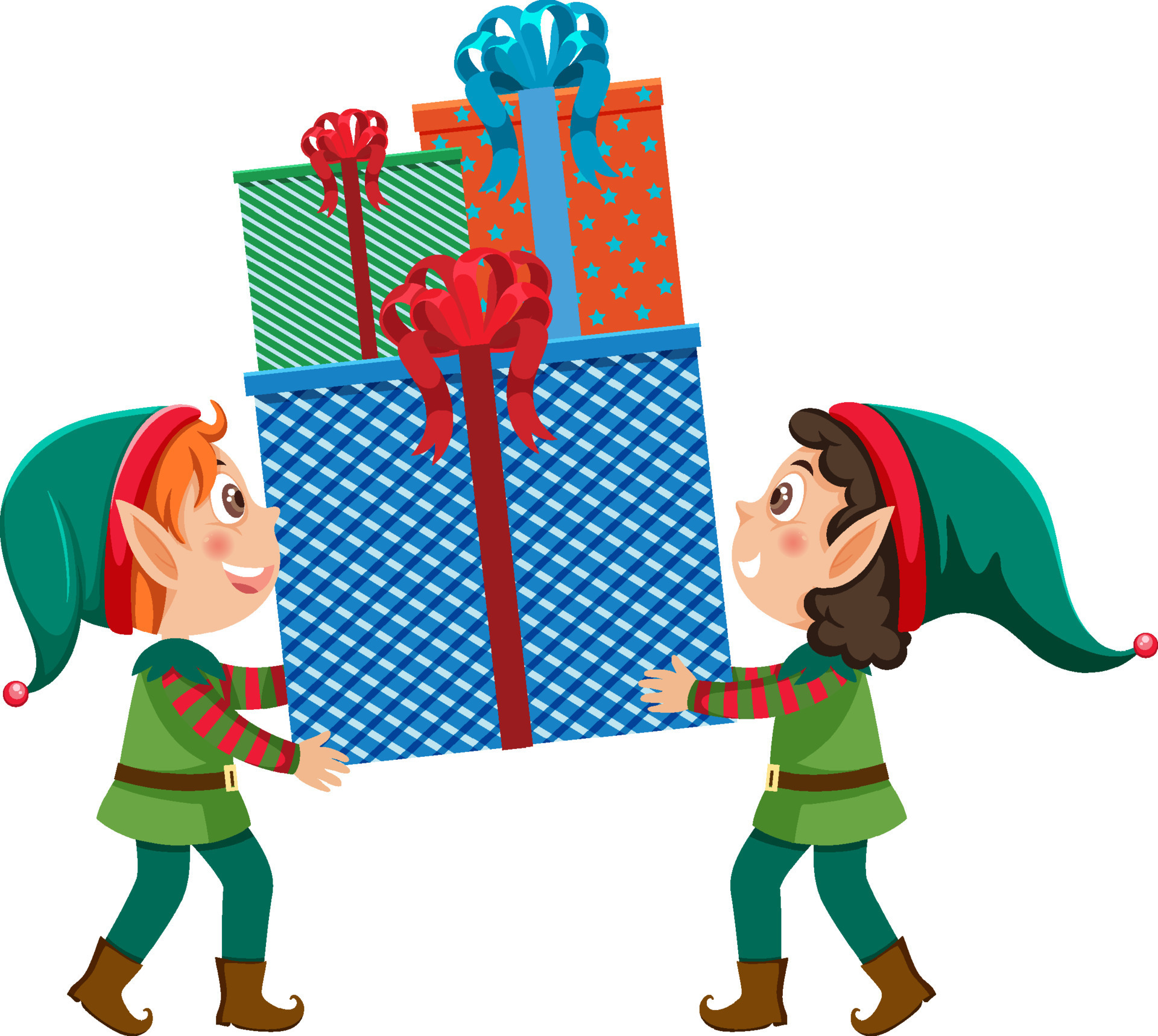 Two elves holding Christmas gift box 14291739 Vector Art at Vecteezy