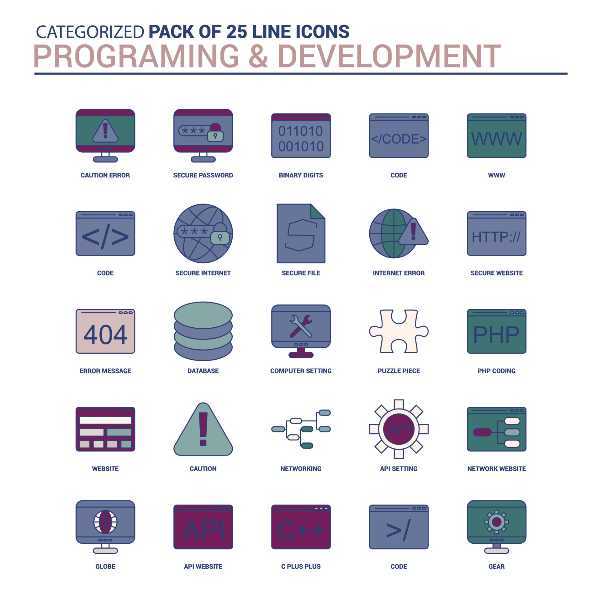Vintage Programming And Developement Icon Set 25 Flat Line Icon Set