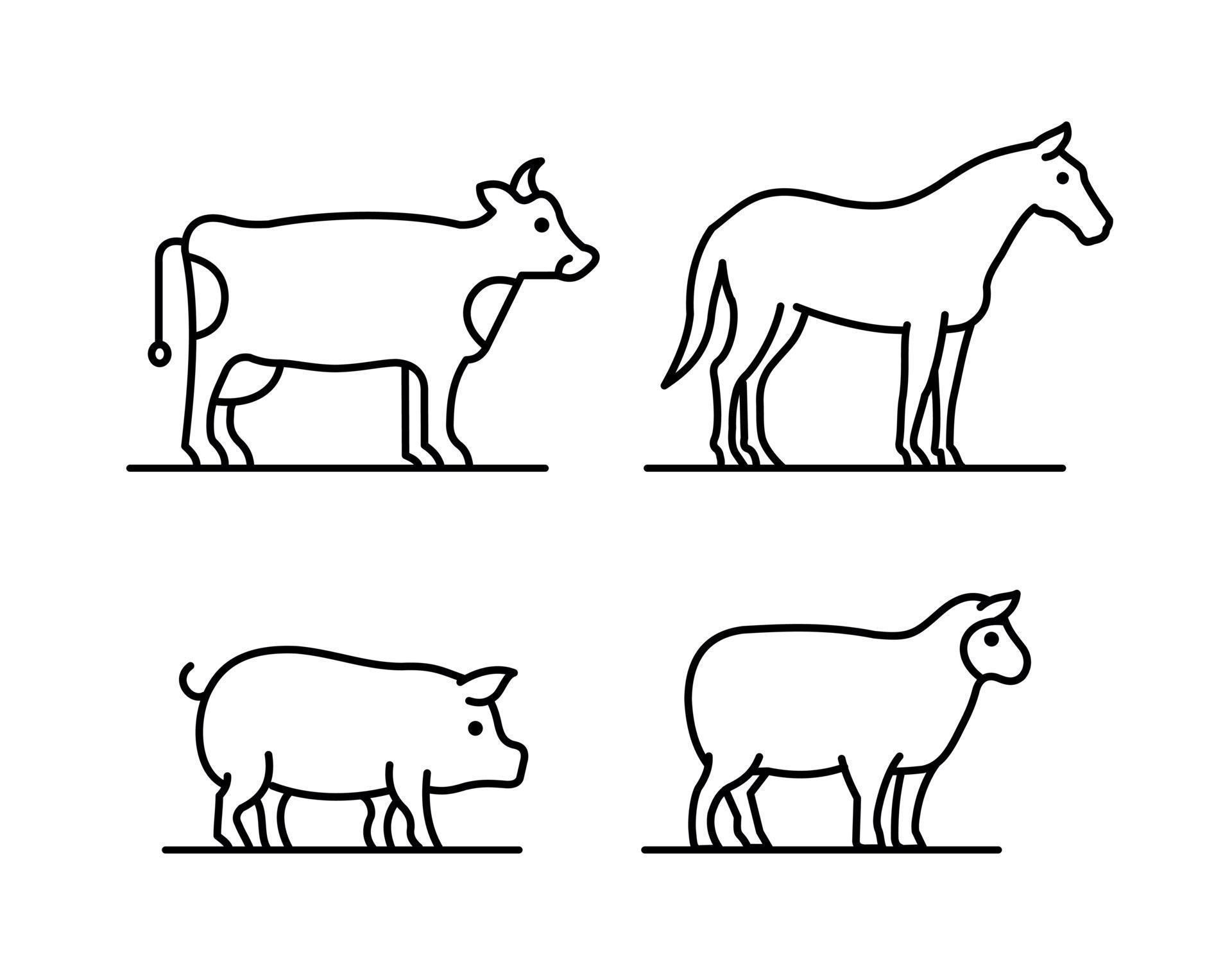 Farm animals set, cow, pig, horse and sheep. Linear icons. Vector ...