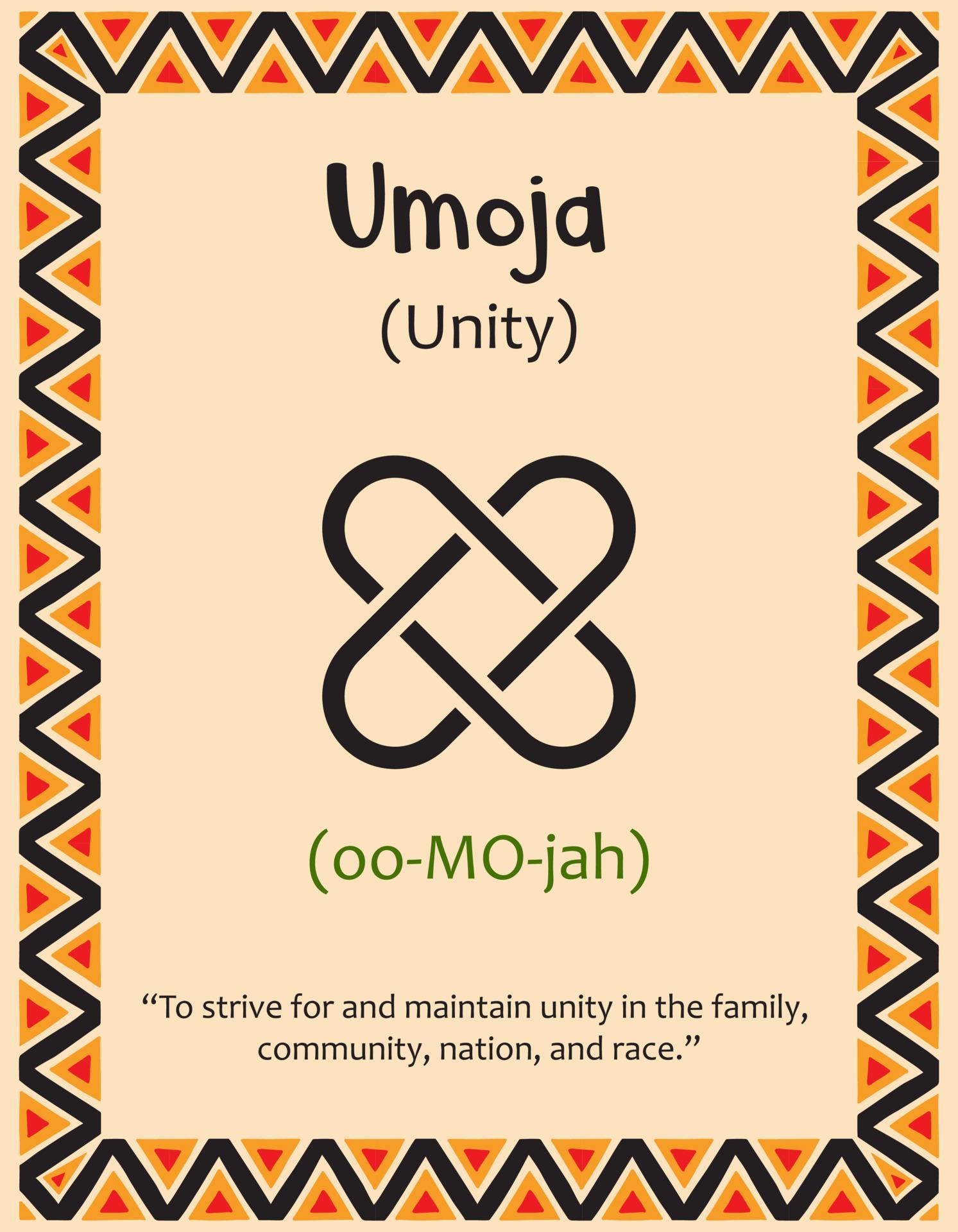 A card with one of the Kwanzaa principles. Symbol Umoja means Unity in Swahili. Poster with sign ...