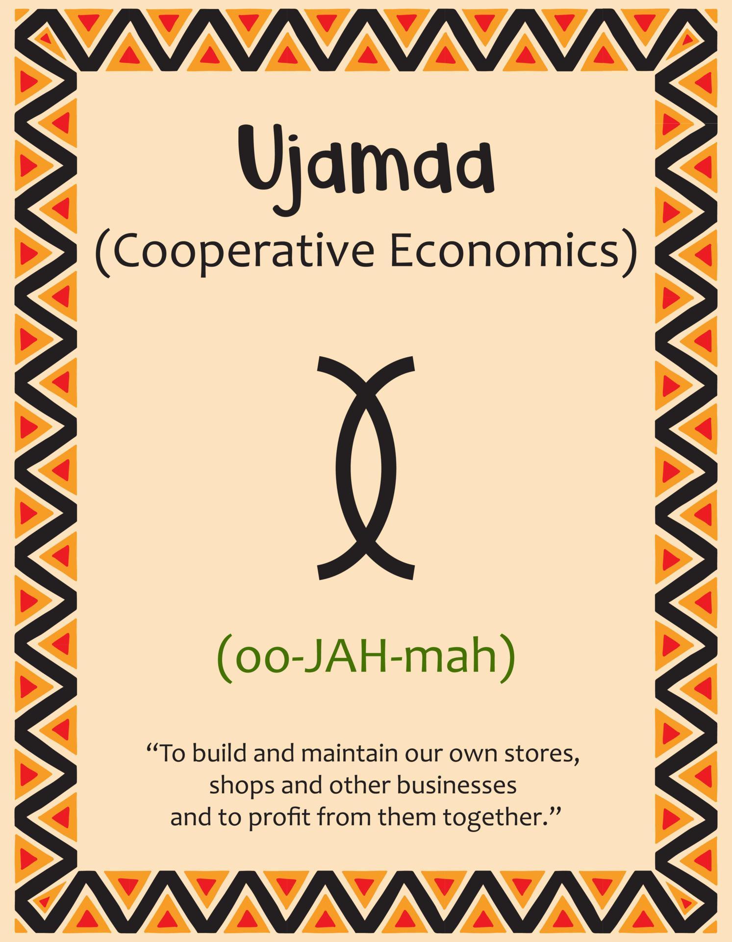A card with one of the Kwanzaa principles. Symbol Ujamaa means Cooperative Economics in Swahili ...