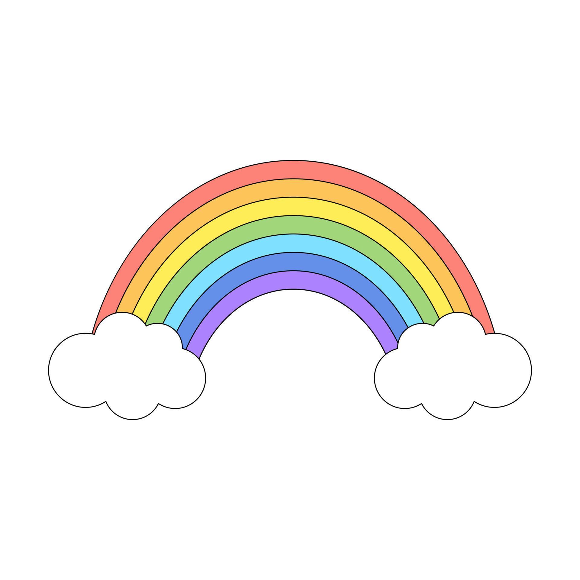 Colorful rainbow and clouds with black outline. Design for stickers ...