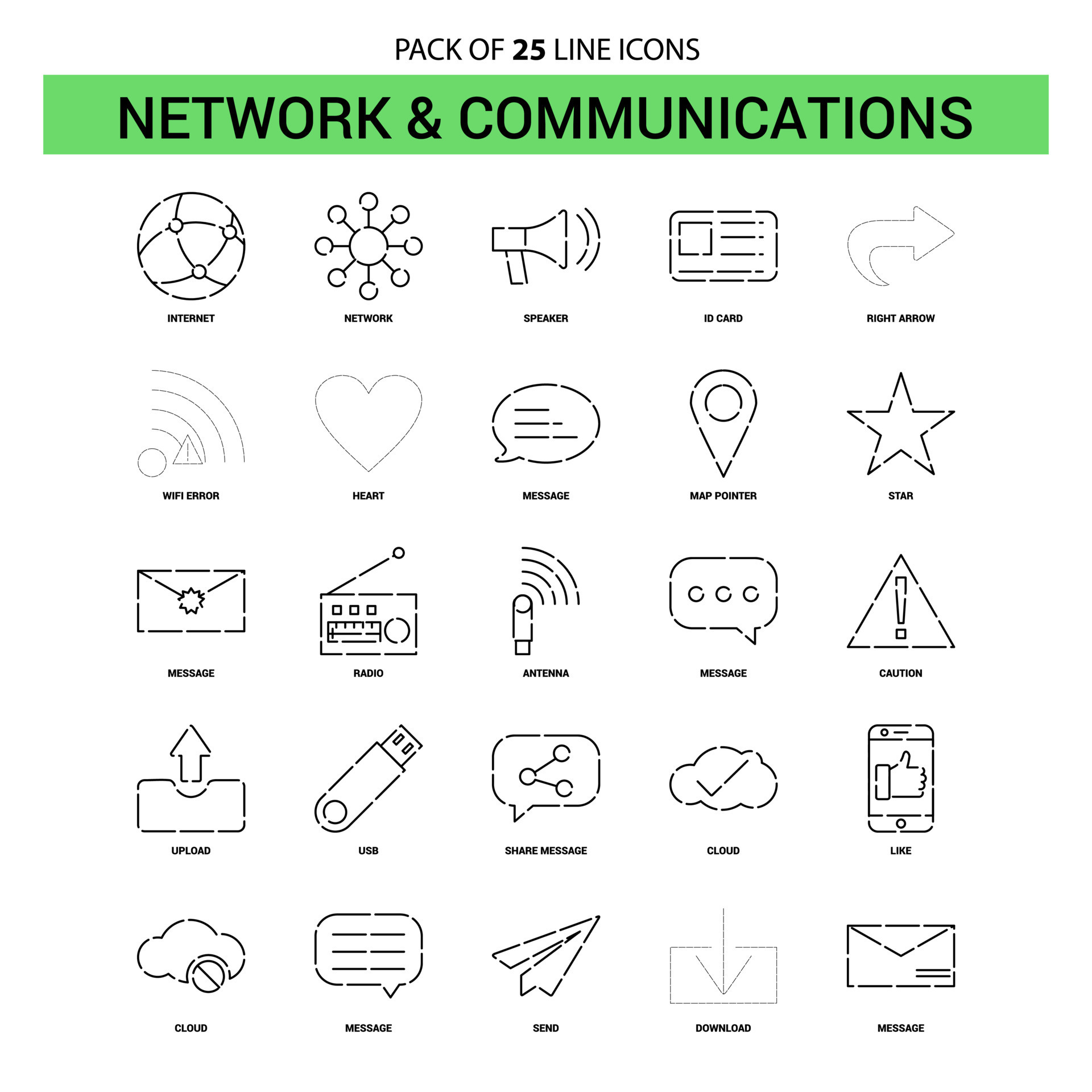 Network And Communication Line Icon Set 25 Dashed Outline Style