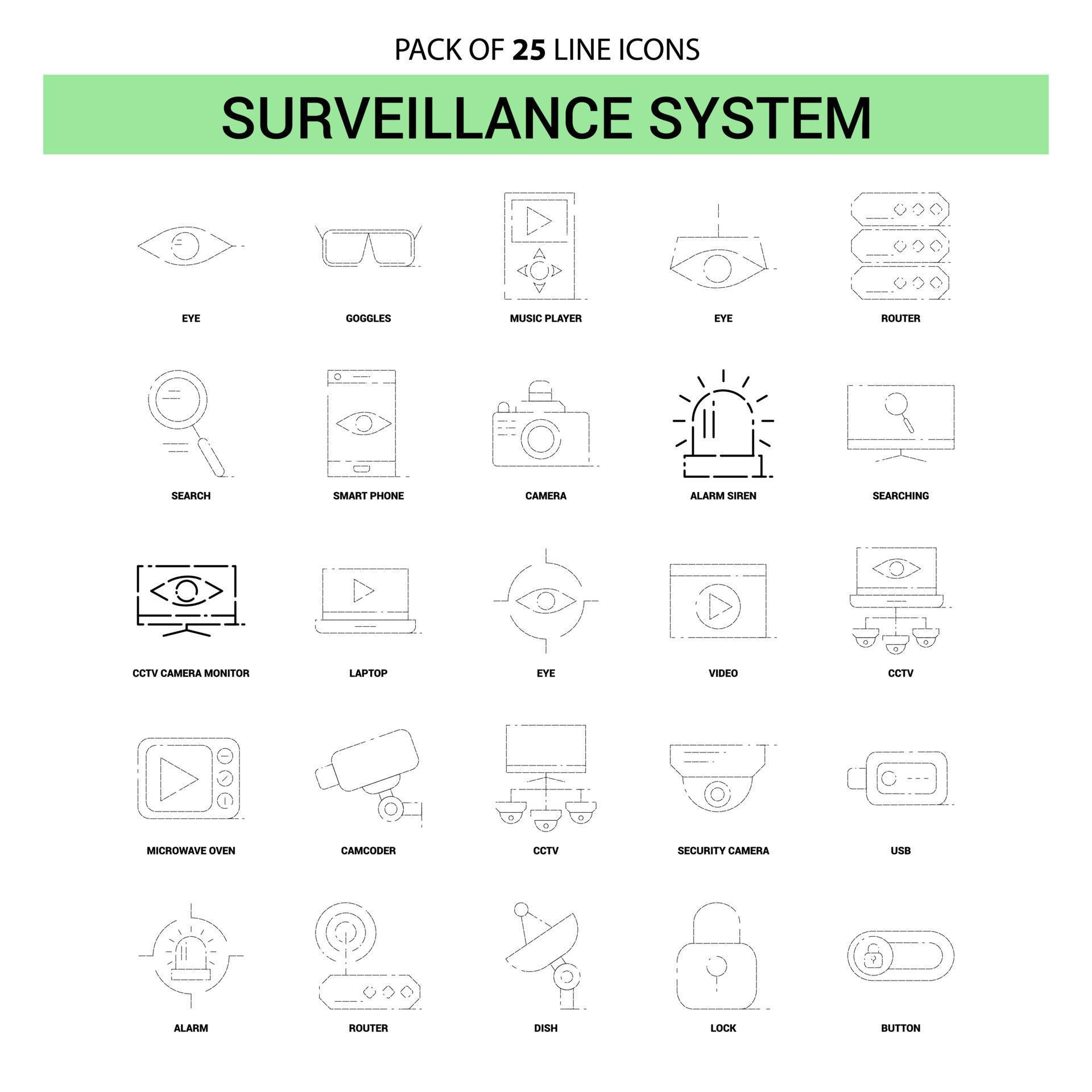 Surveillance Line Icon Set 25 Dashed Outline Style 14318831 Vector Art