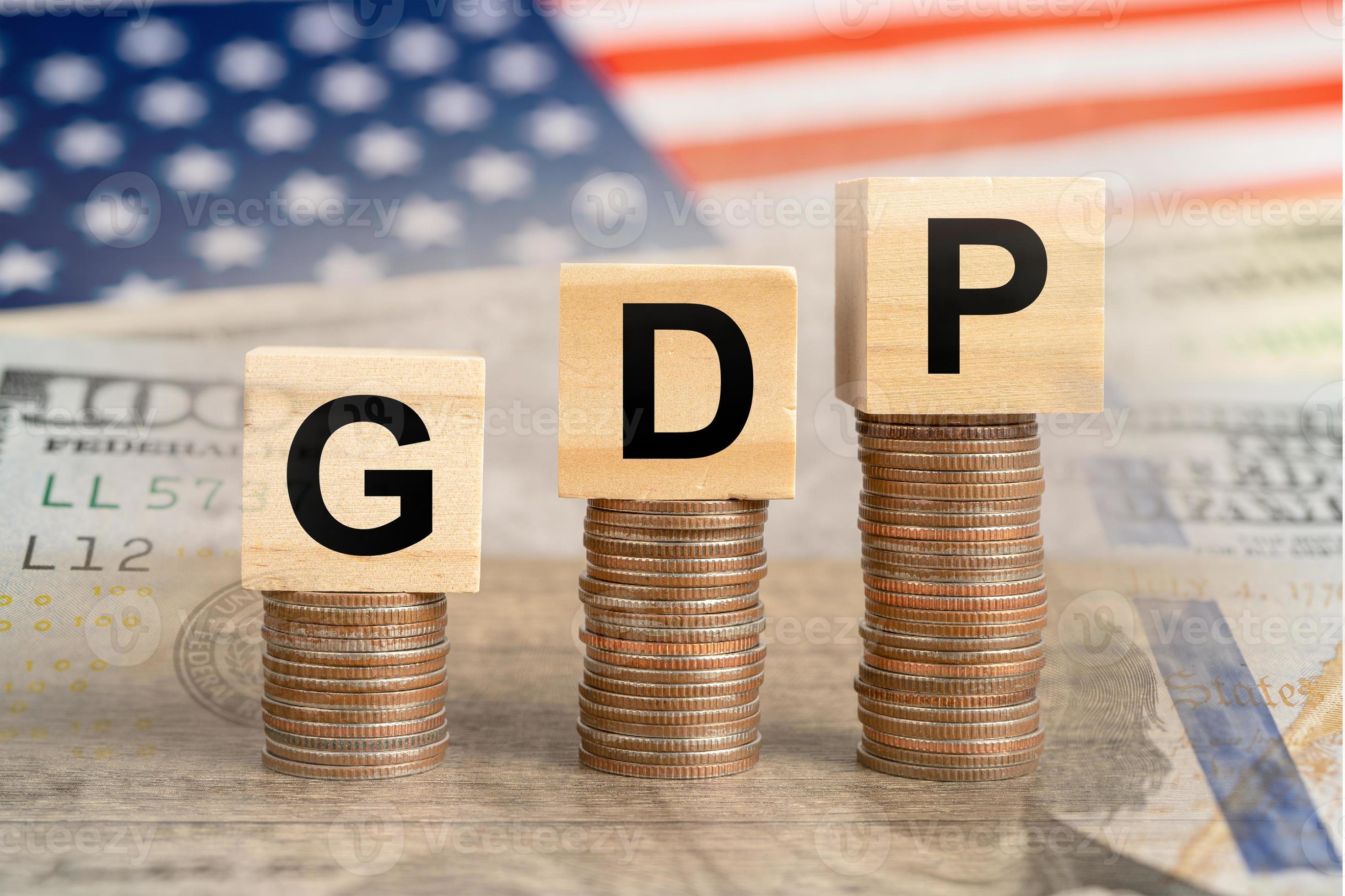 GDP word on stack of coins, Gross Domestic Product with USA America flag. 14324500 Stock Photo ...