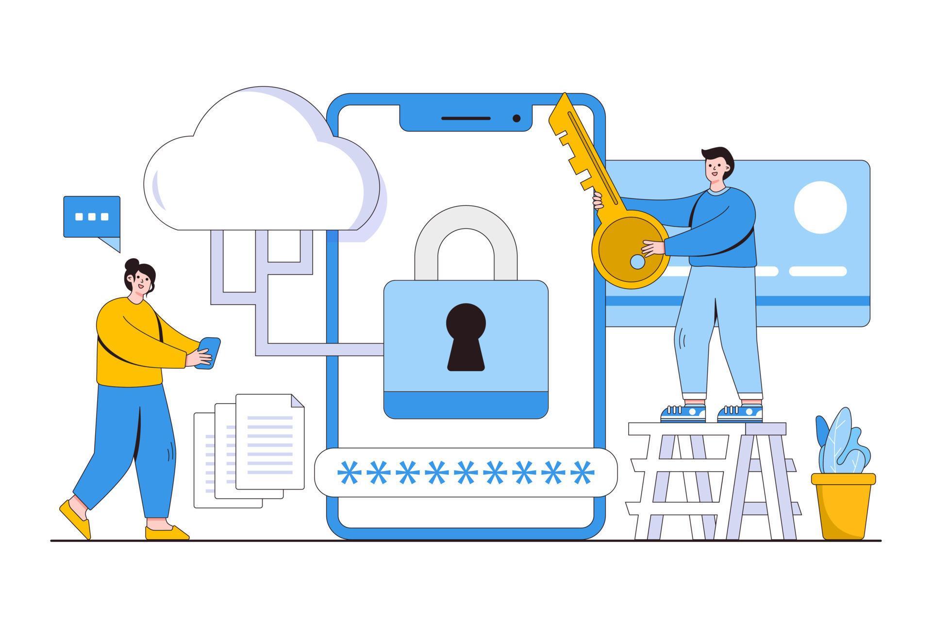 Flat Phone Security With People Characters Concept Outline Design Style Minimal Vector