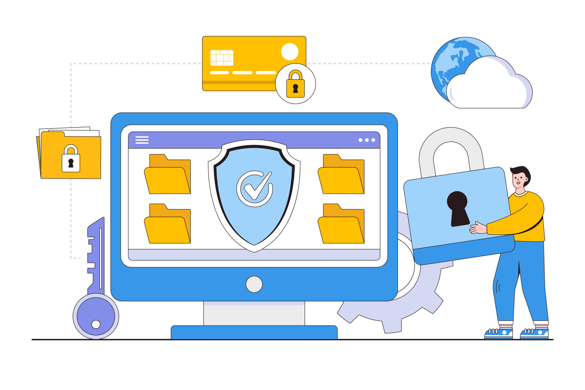 Flat Data Protection With People Characters Concept Outline Design Style Minimal Vector