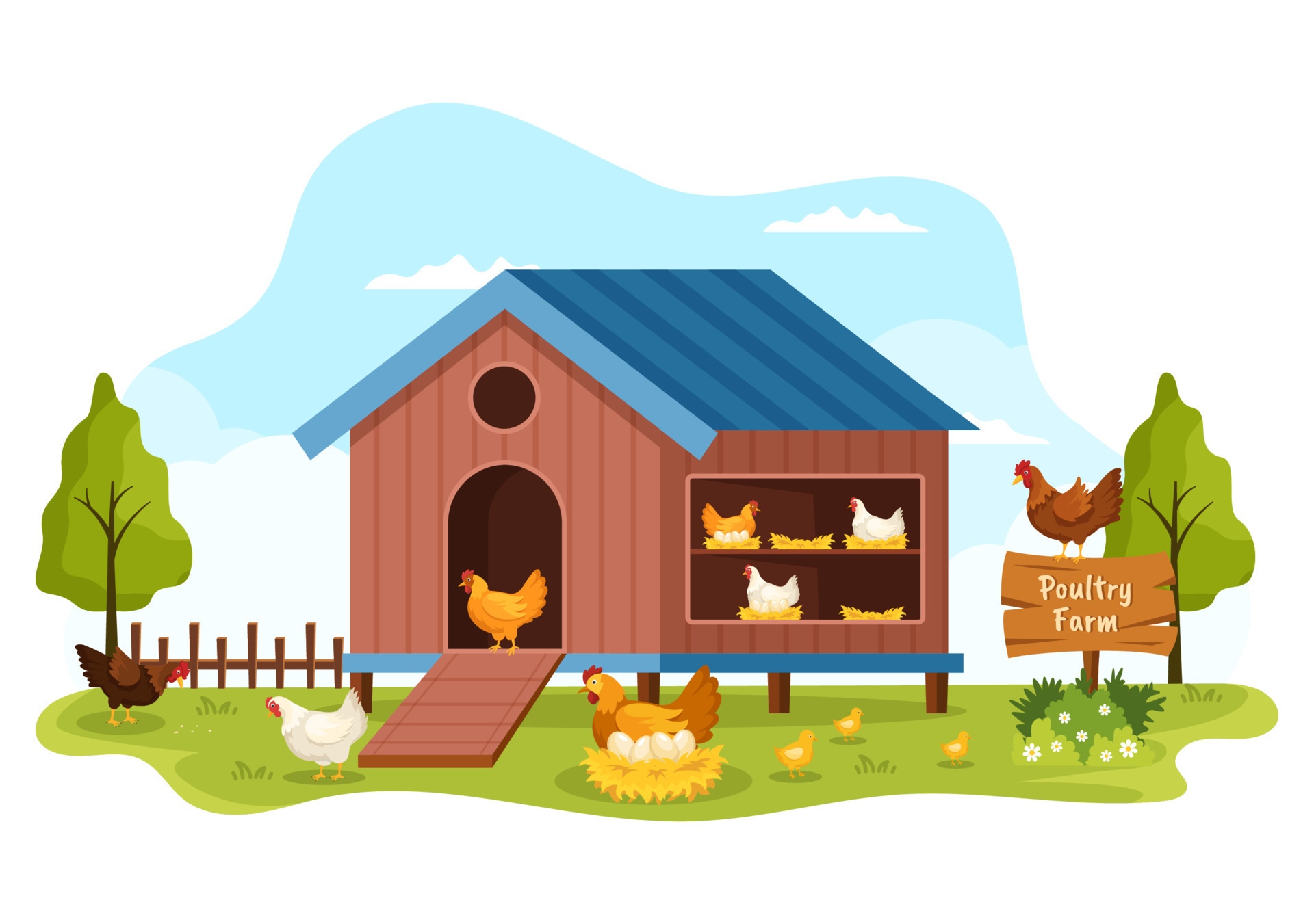 Poultry Farming with Farmer, Cage, Chicken and Egg Farm on Green Field ... Poultry Farming with Farmer, Cage, Chicken and Egg Farm on Green Field ...