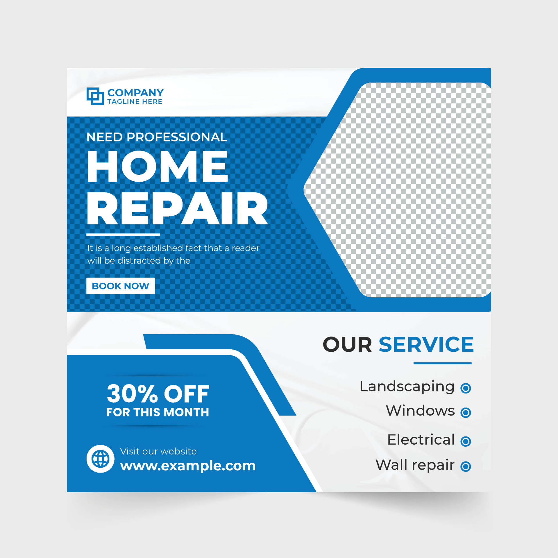 Modern house construction and repair service template design with green and blue colors. Home ...