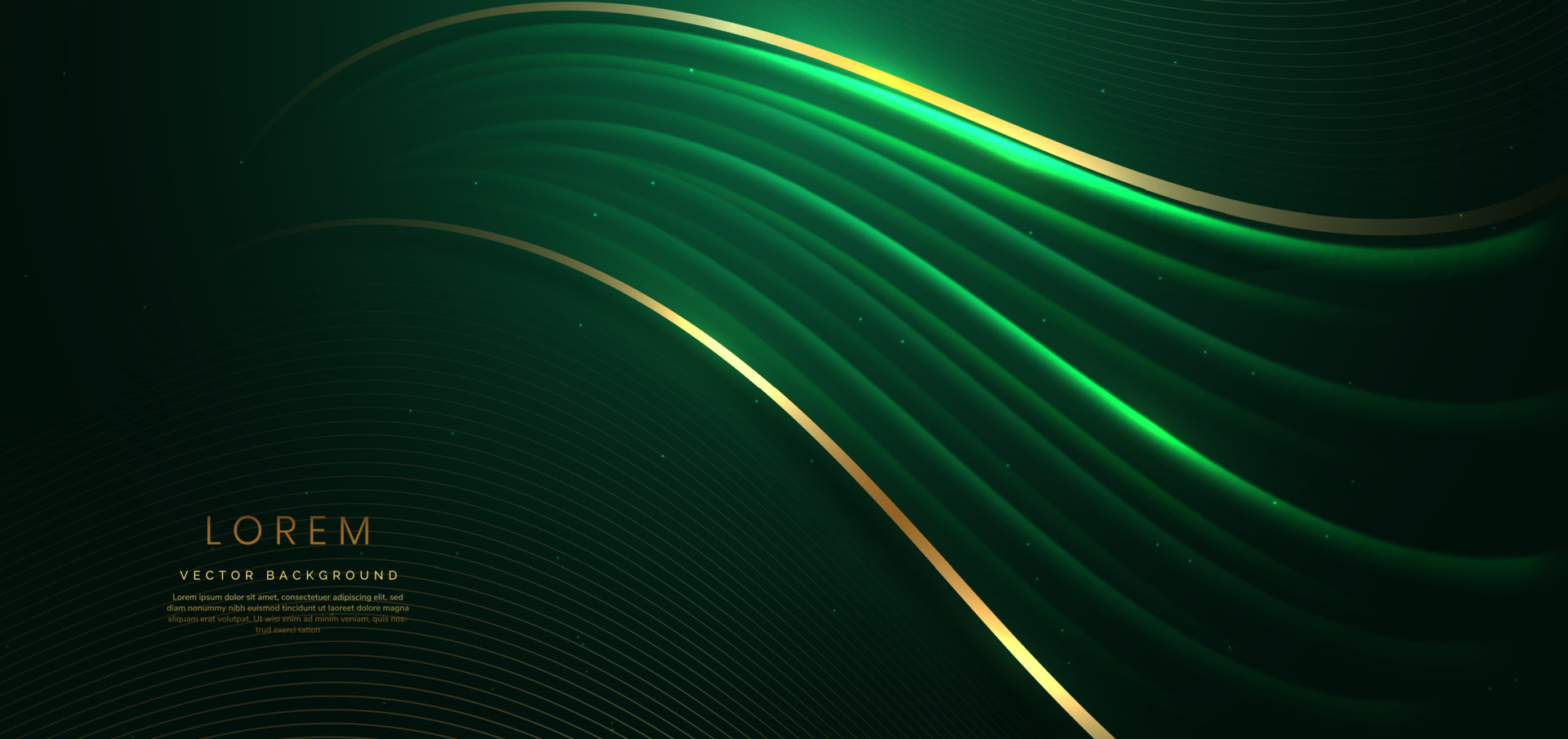 Abstract 3d gold curved green ribbon on dark green background with lighting effect and sparkle ...