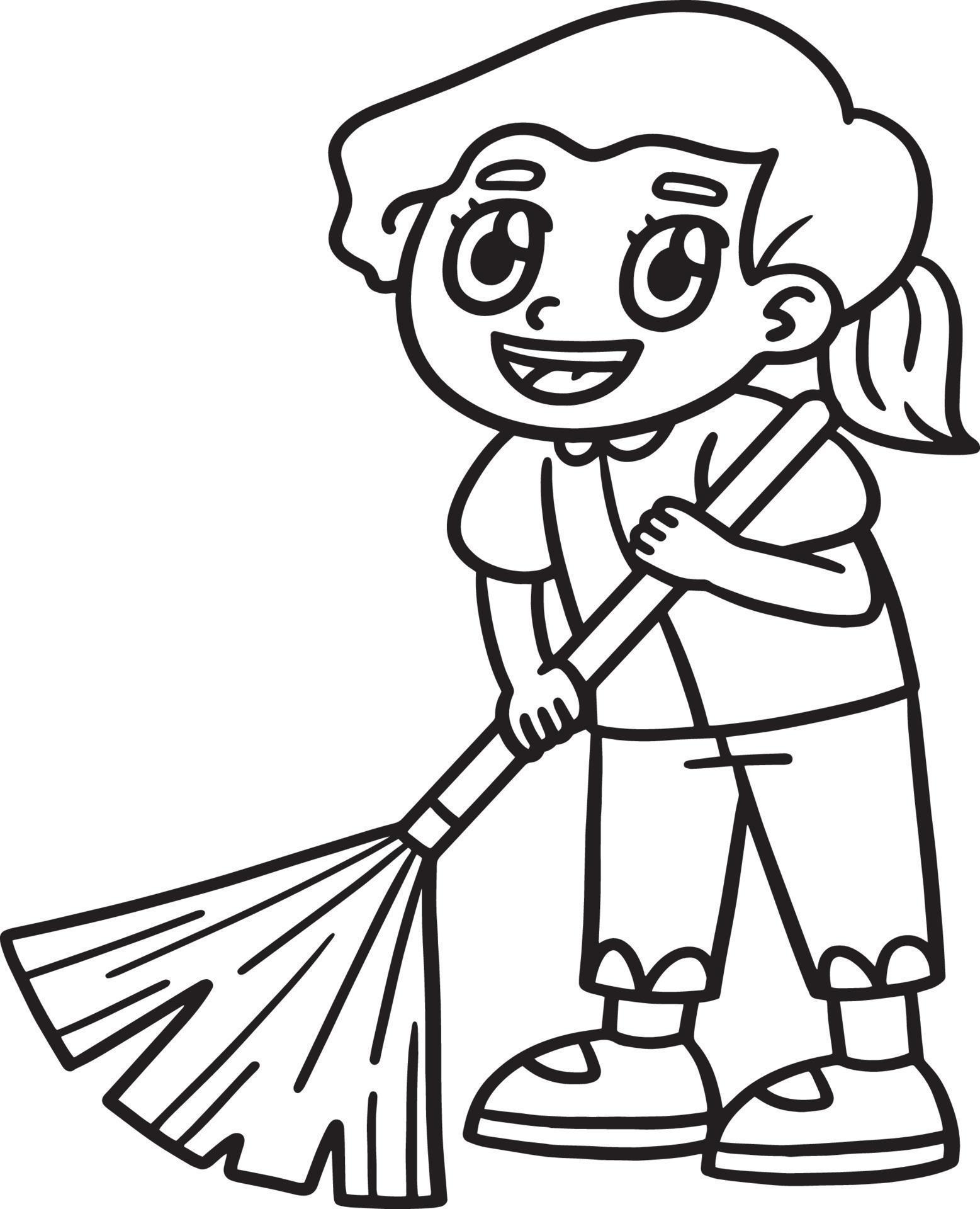 Earth Day Girl Sweeping Isolated Coloring Page 14329666 Vector Art At